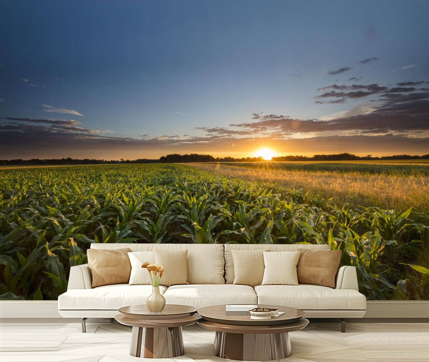 Peel and Stick Wallpaper Canvas Beautiful view corn farm sunset Modern ...