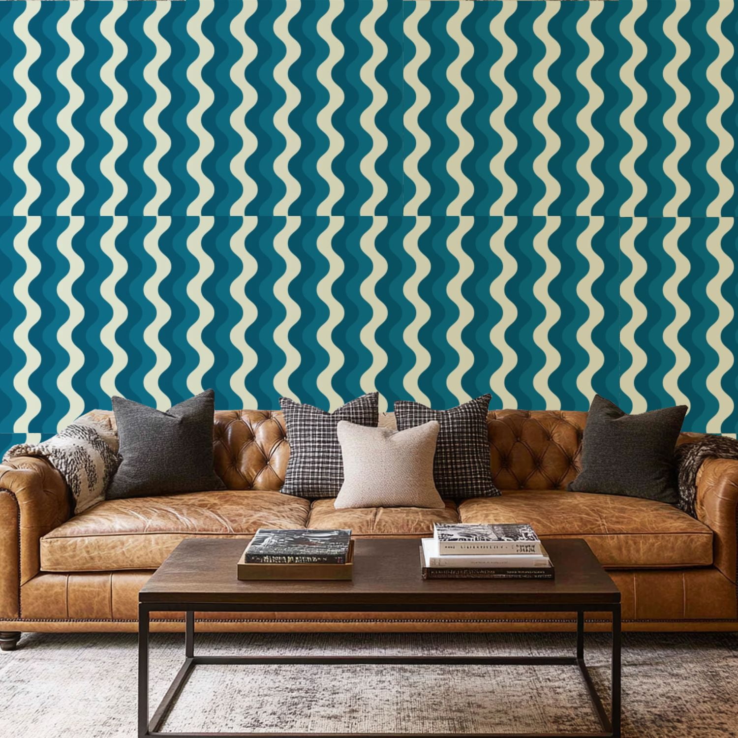 Peel and Stick Wallpaper Canvas Contact Paper Blue green retro groovy ...