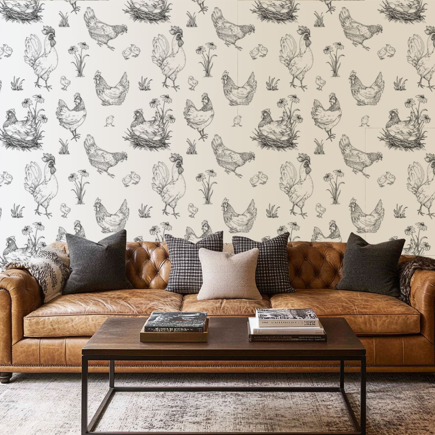 Peel and Stick Wallpaper Canvas Contact Paper Hens rooster eggs chicks ...