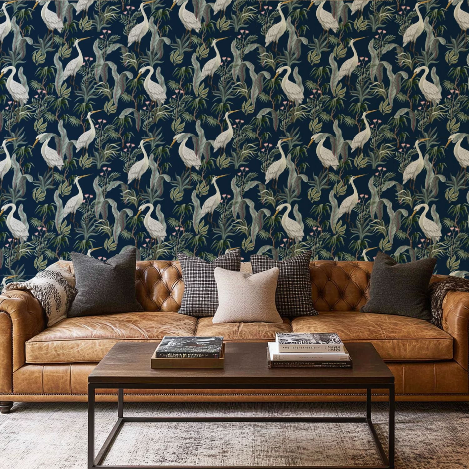 Peel and Stick Wallpaper Canvas Contact Paper Seamless chinoiserie style herons birds peonies ...