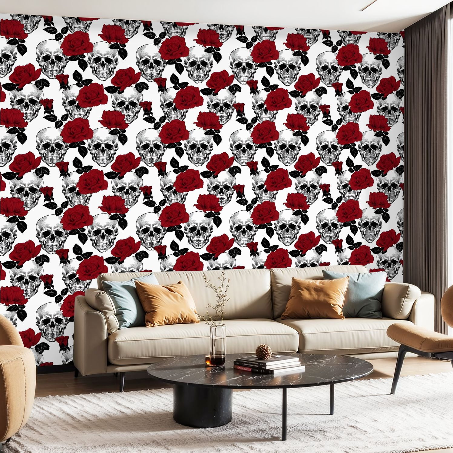 Peel and Stick Wallpaper Canvas Contact Paper Skull red roses seamless ...