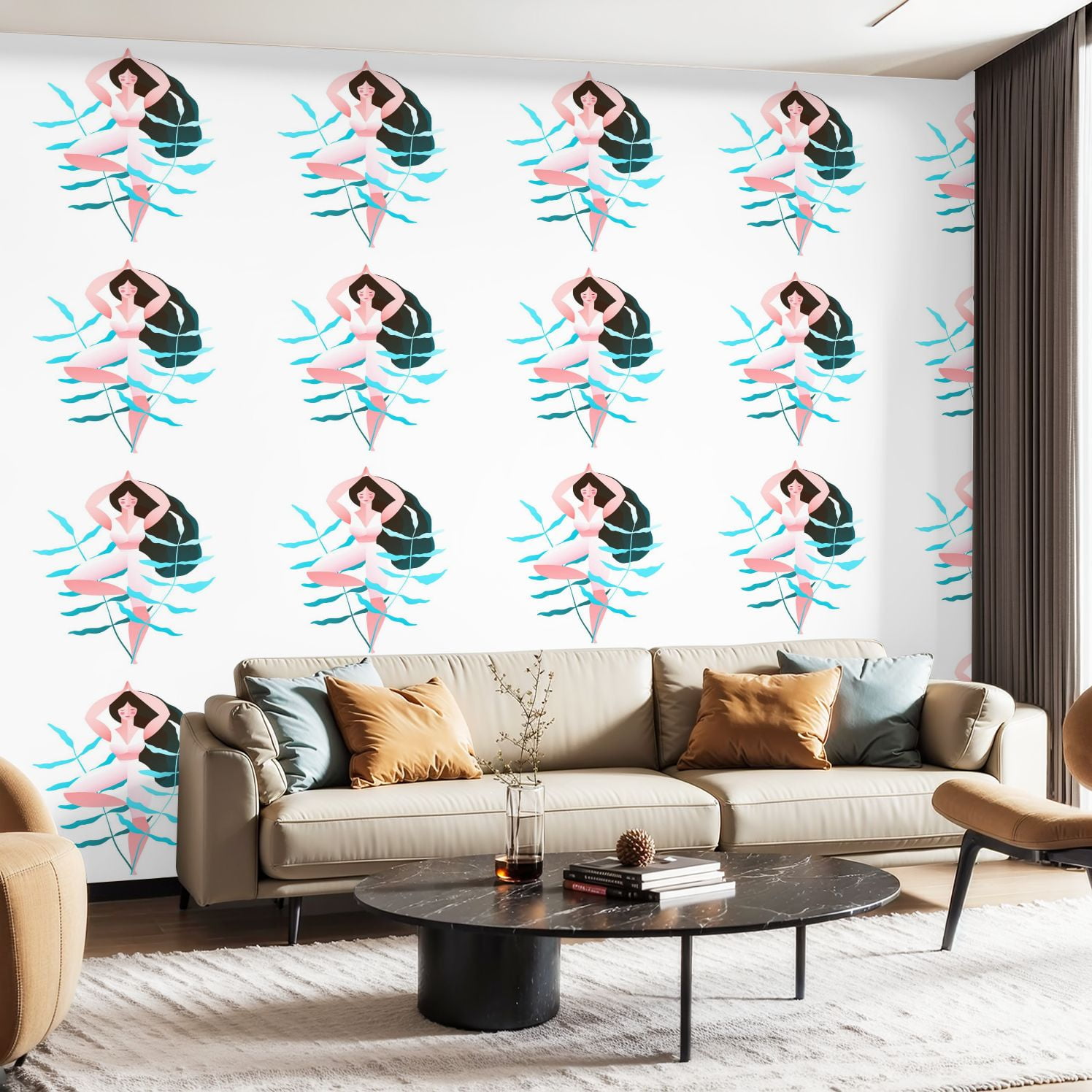 Peel and Stick Wallpaper Canvas Contact Paper Young Woman Tree Yoga Position Flat Design Self ...