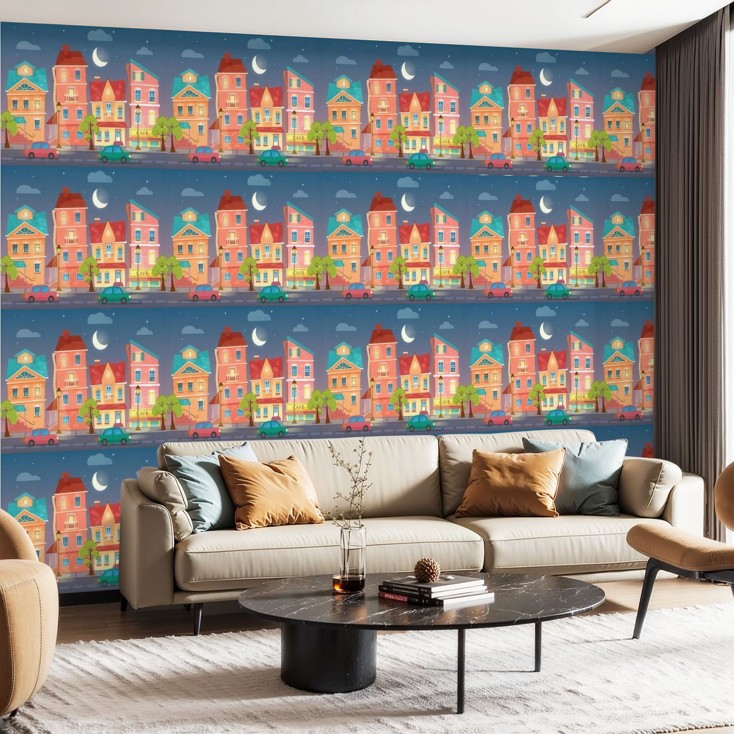 Peel and Stick Wallpaper Canvas Contact Paper cartoon City street Night ...