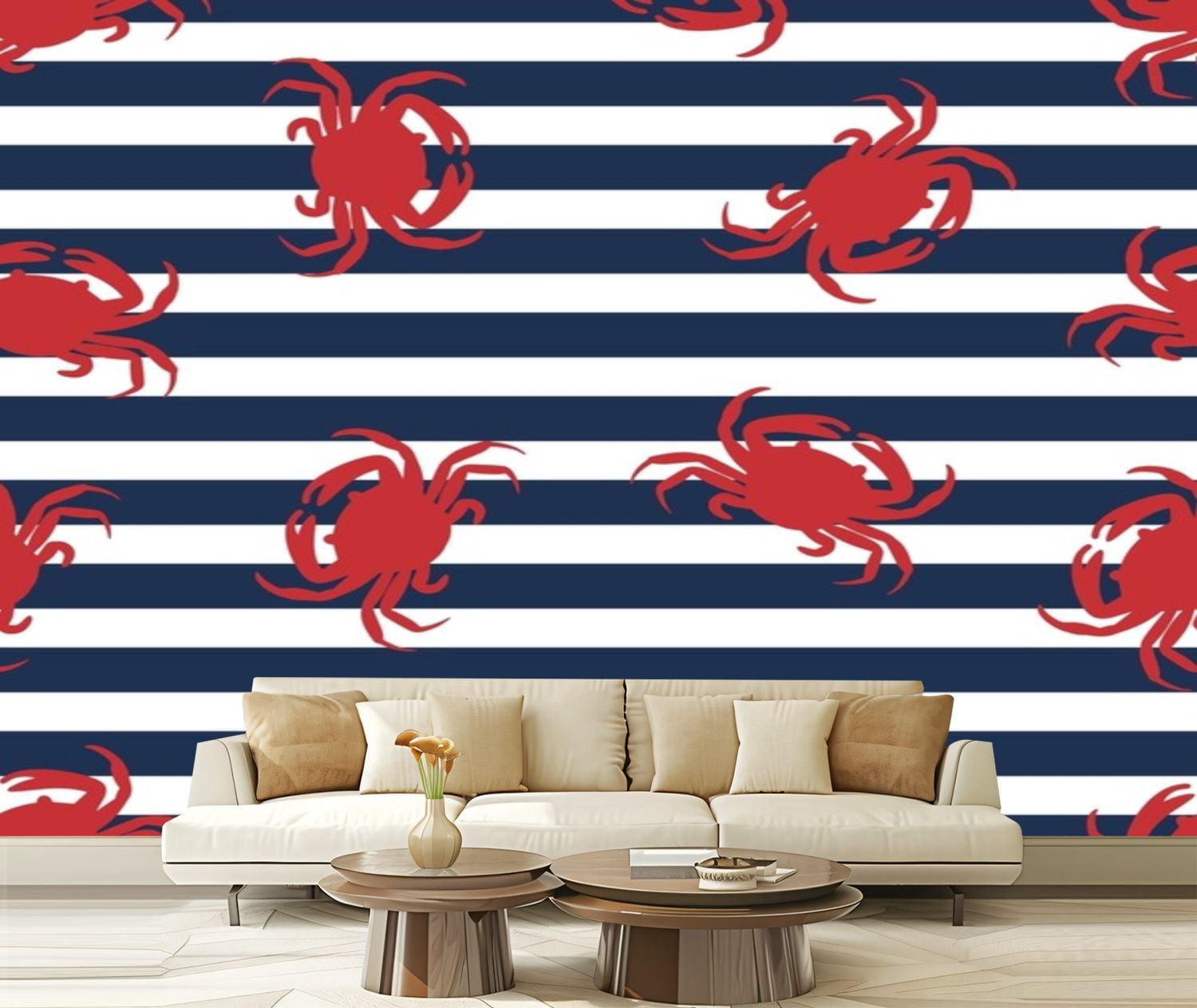 Peel and Stick Wallpaper Canvas Crabs marine stripes Summer seamless ...