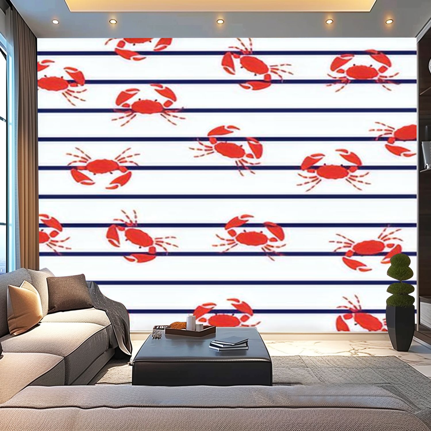 Peel and Stick Wallpaper Canvas Crabs stripes Summer Modern Art Wall ...