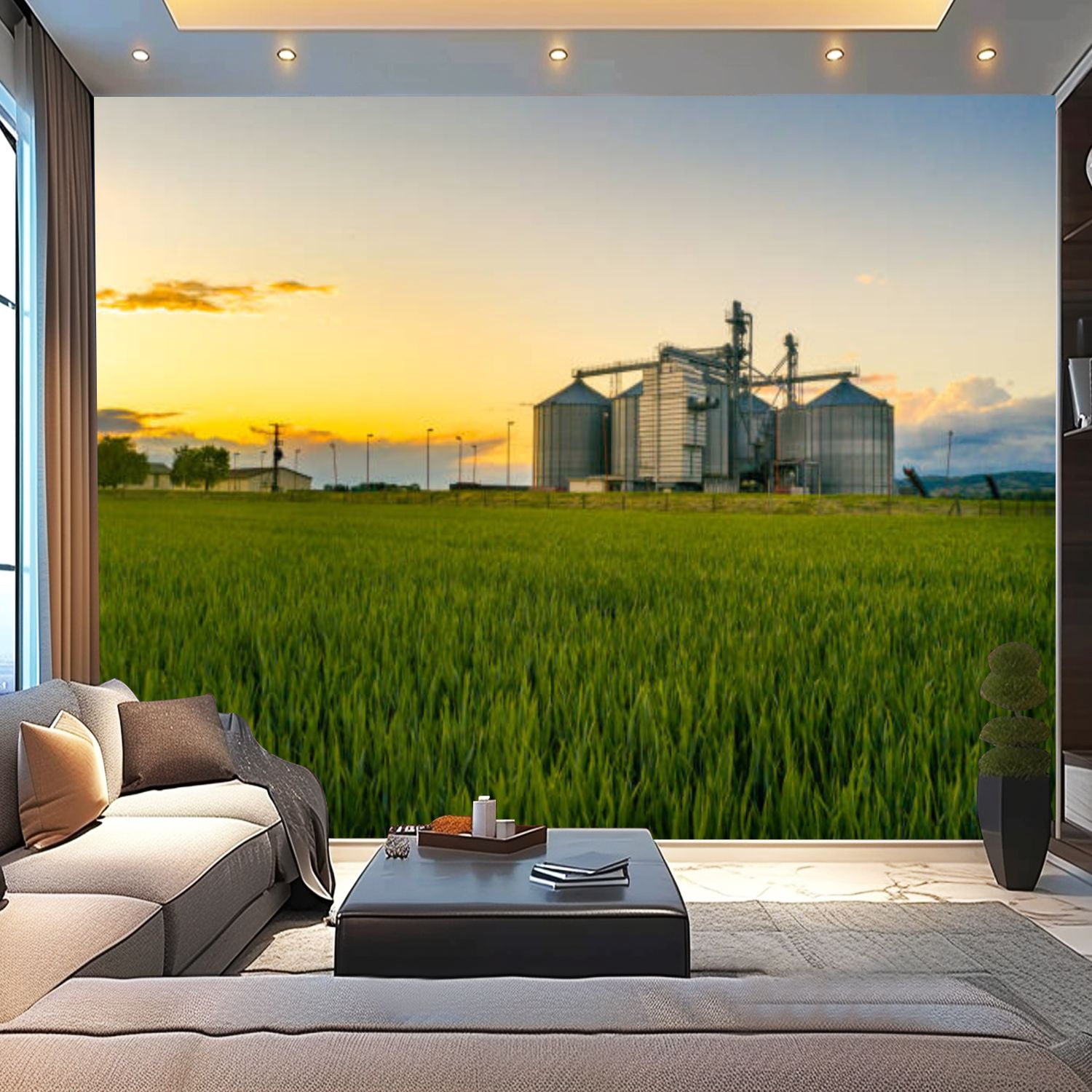 Peel and Stick Wallpaper Canvas Field wheat sunset grain silos back ...