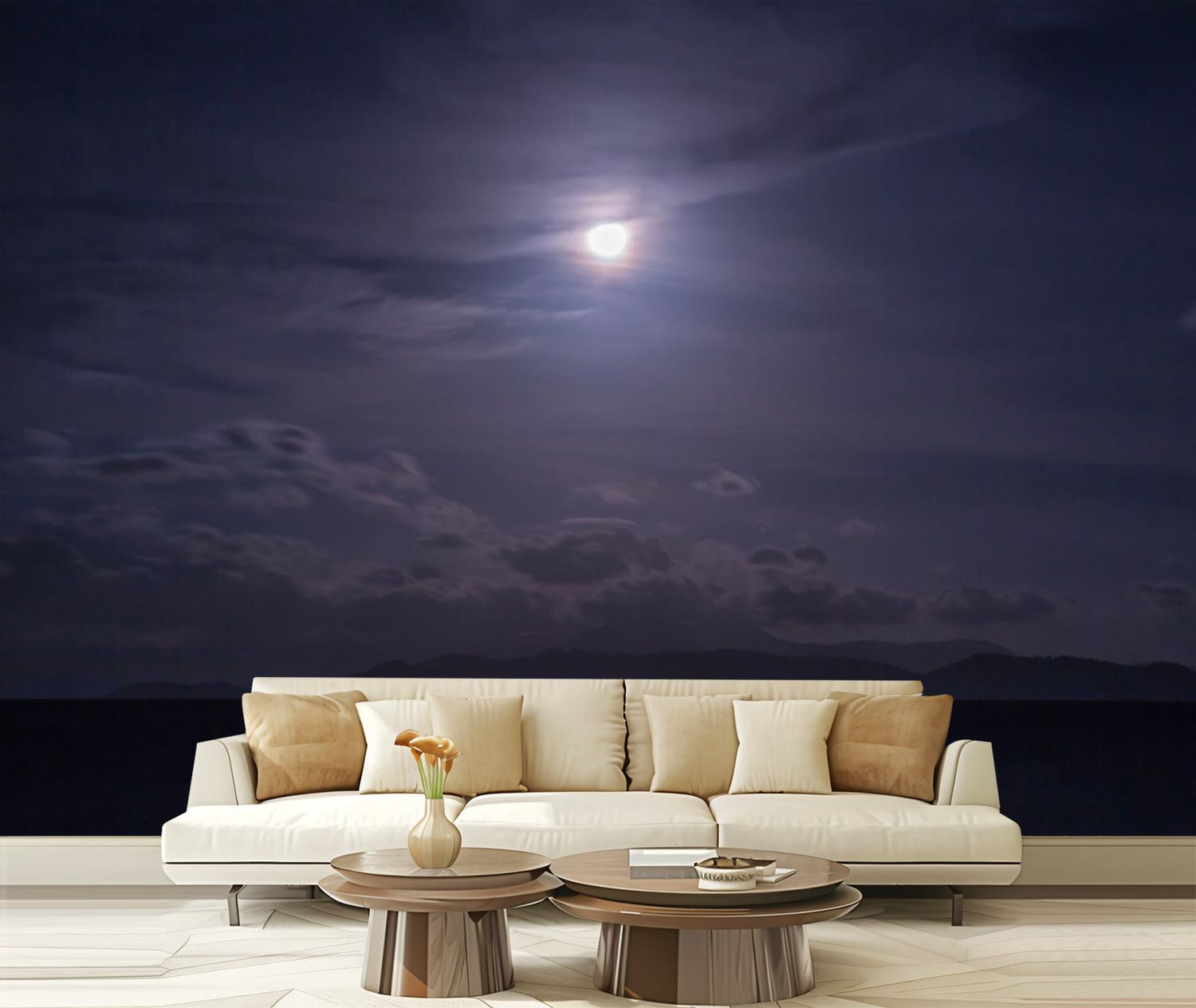 Peel and Stick Wallpaper Canvas Full moon clouds sky sea Modern Art ...