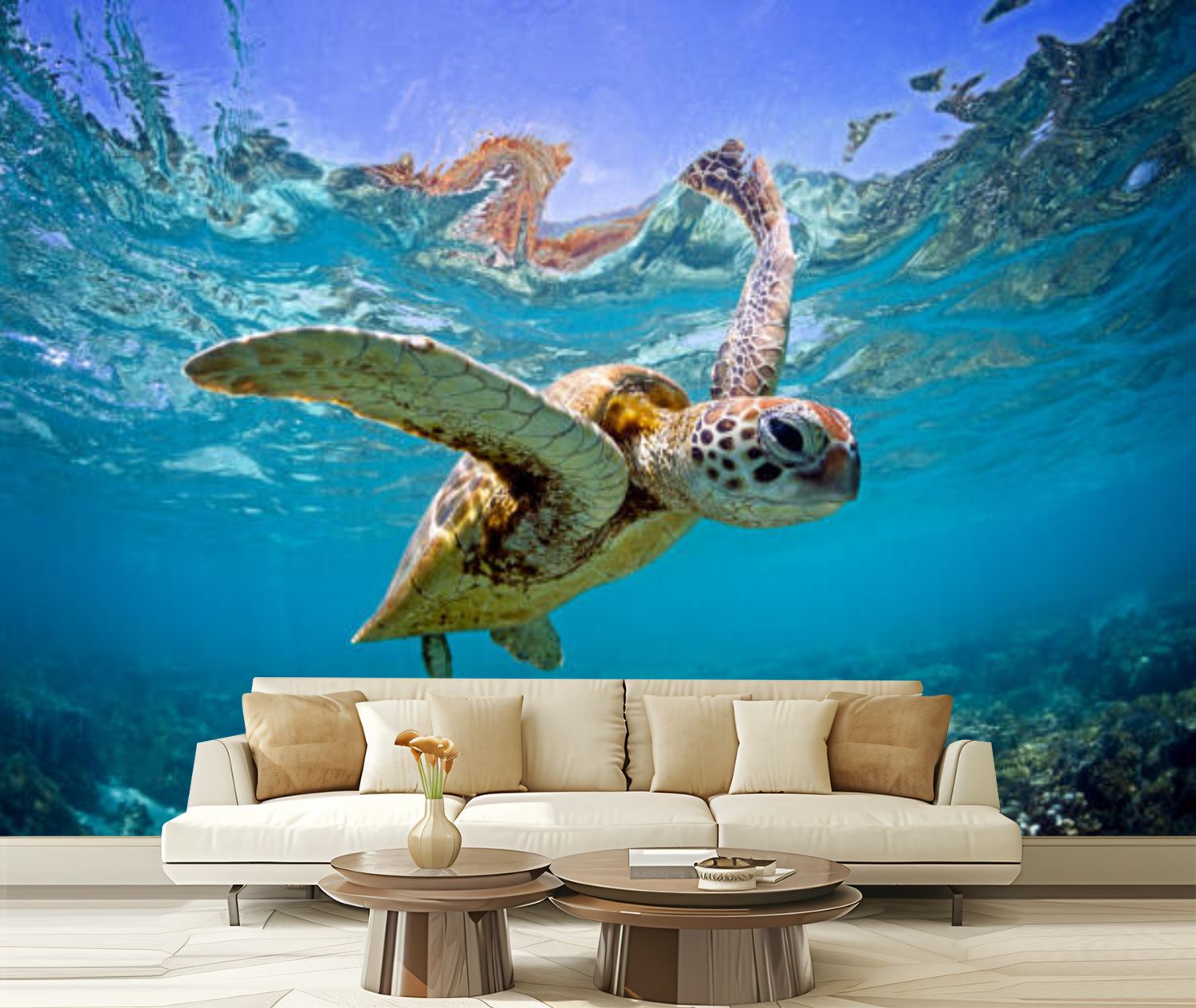 Peel and Stick Wallpaper Canvas Green sea turtle swimming below ocean s ...