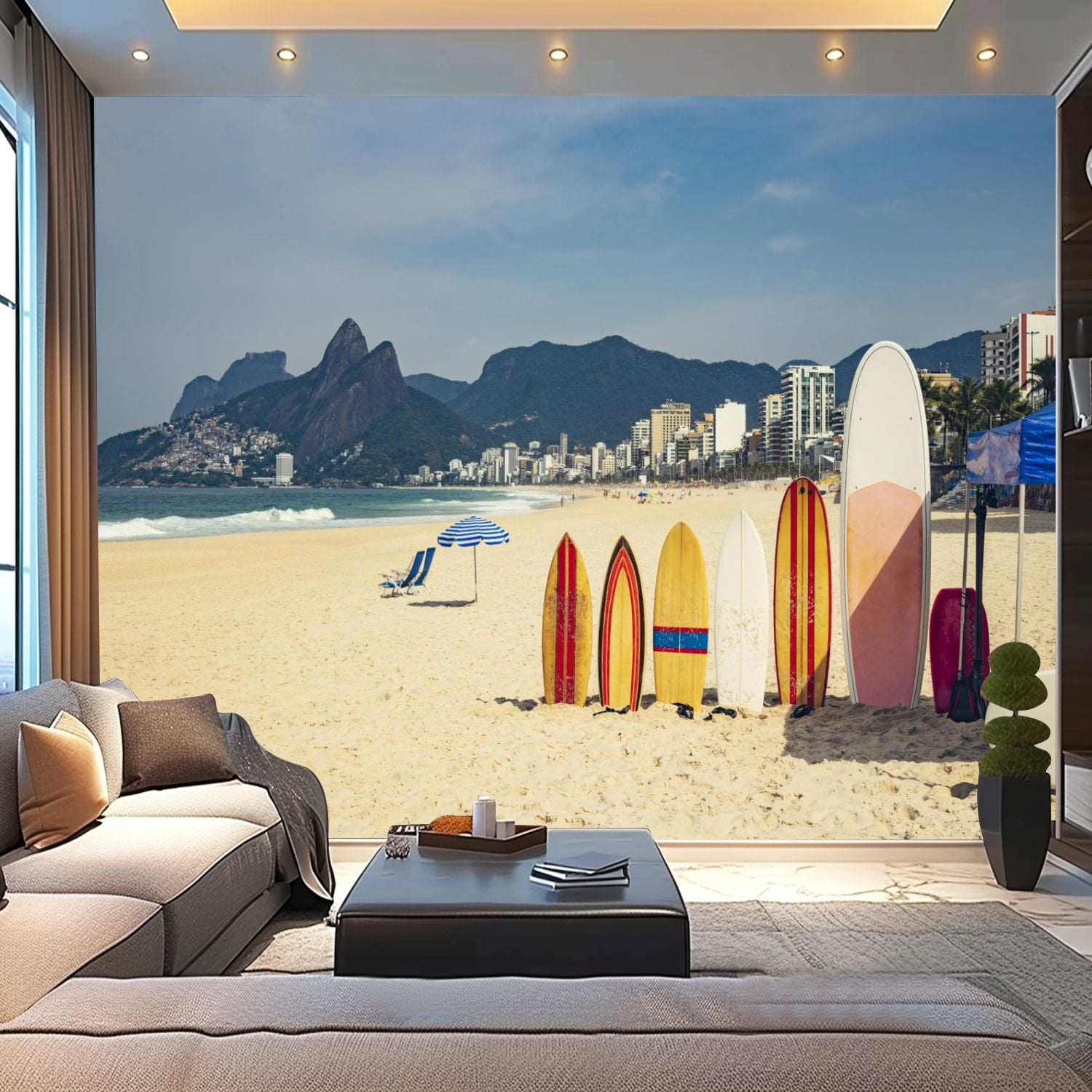 Peel and Stick Wallpaper Canvas Ipanema beach surfboards parasol Modern ...