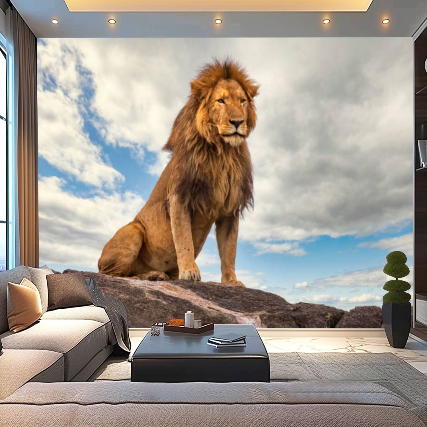 Peel and Stick Wallpaper Canvas Male lion panthera leo resting rock ...