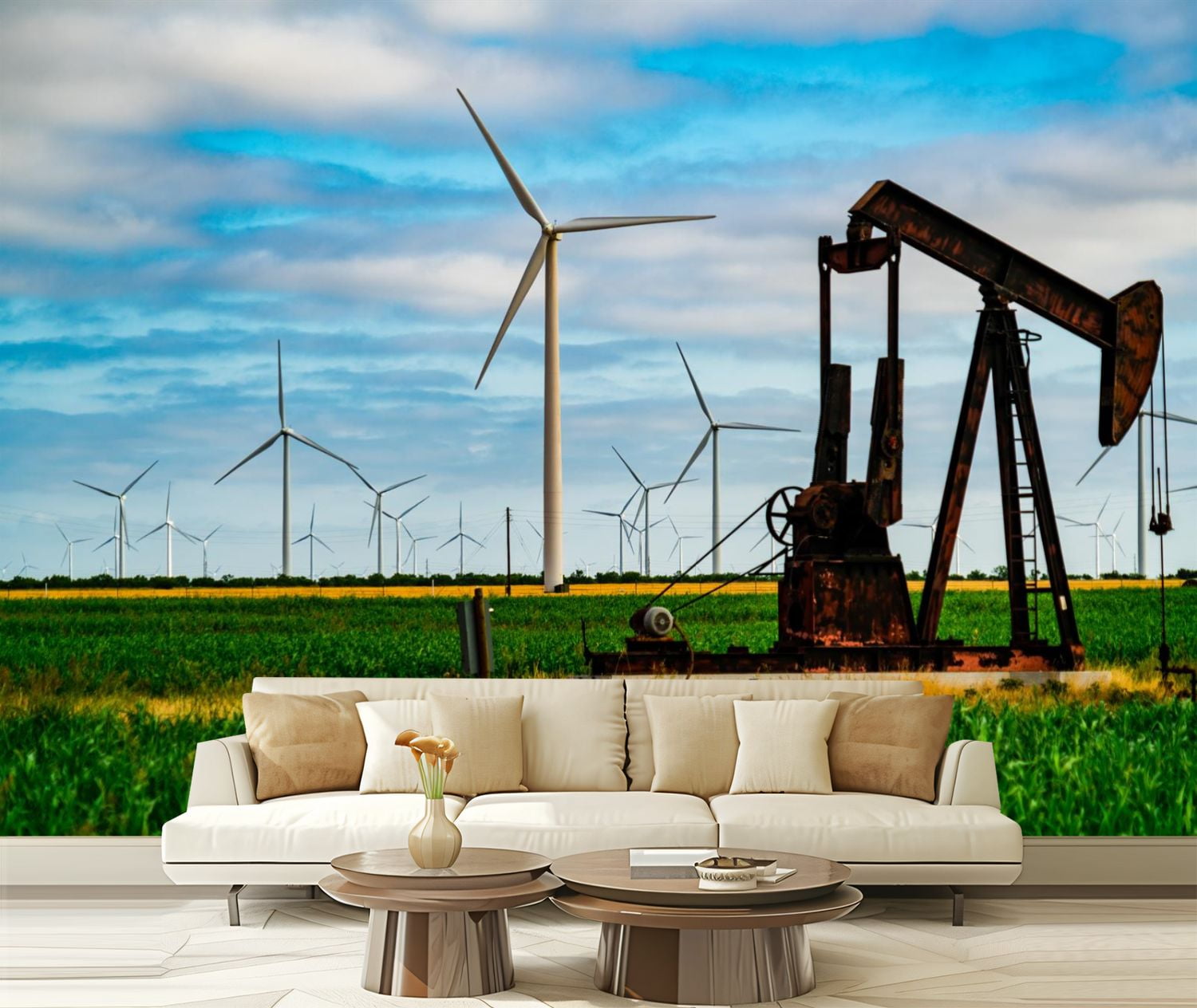 Peel and Stick Wallpaper Canvas Old Oil Pump front Huge Wind Turbines ...