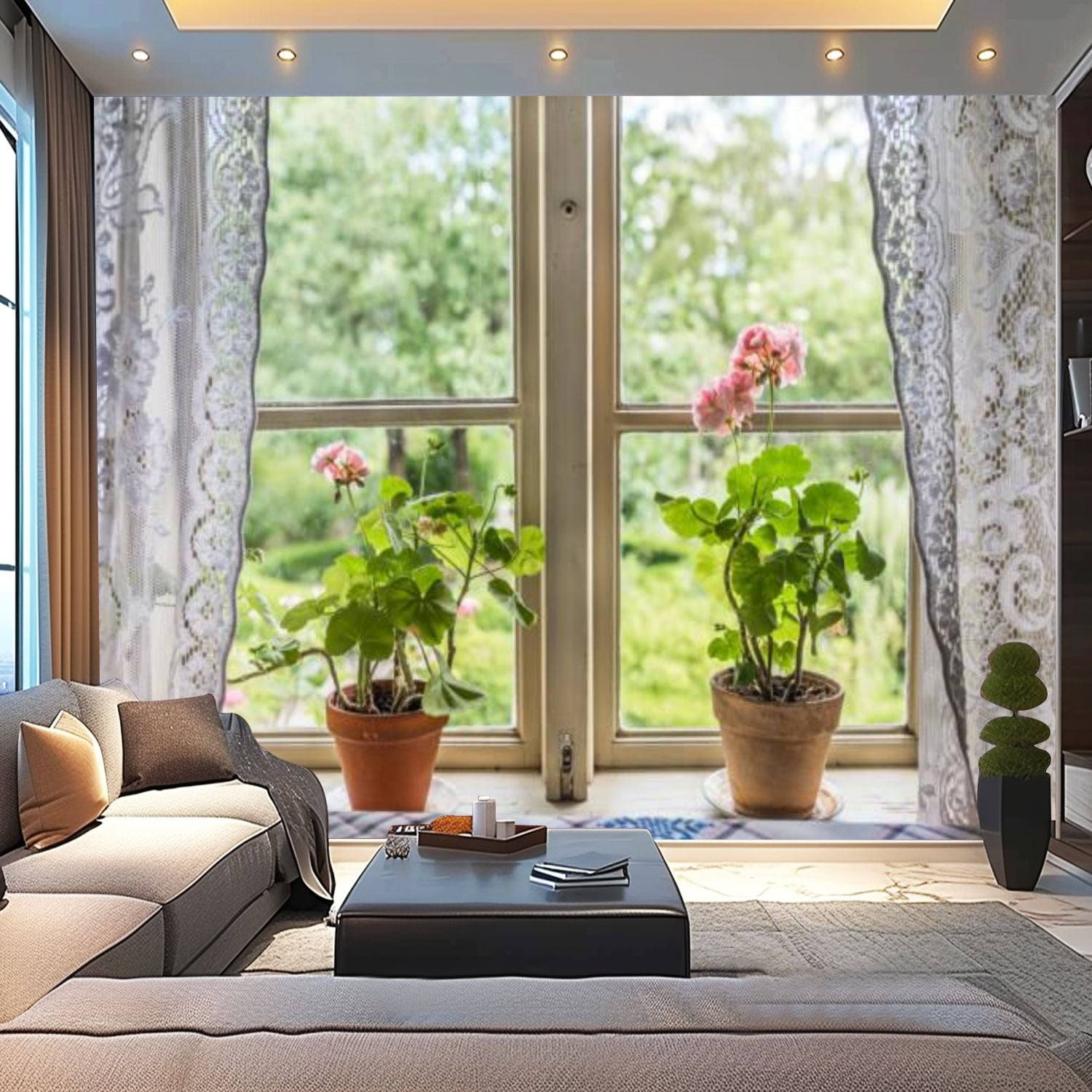 Peel and Stick Wallpaper Canvas Old farm house window lace curtains ...