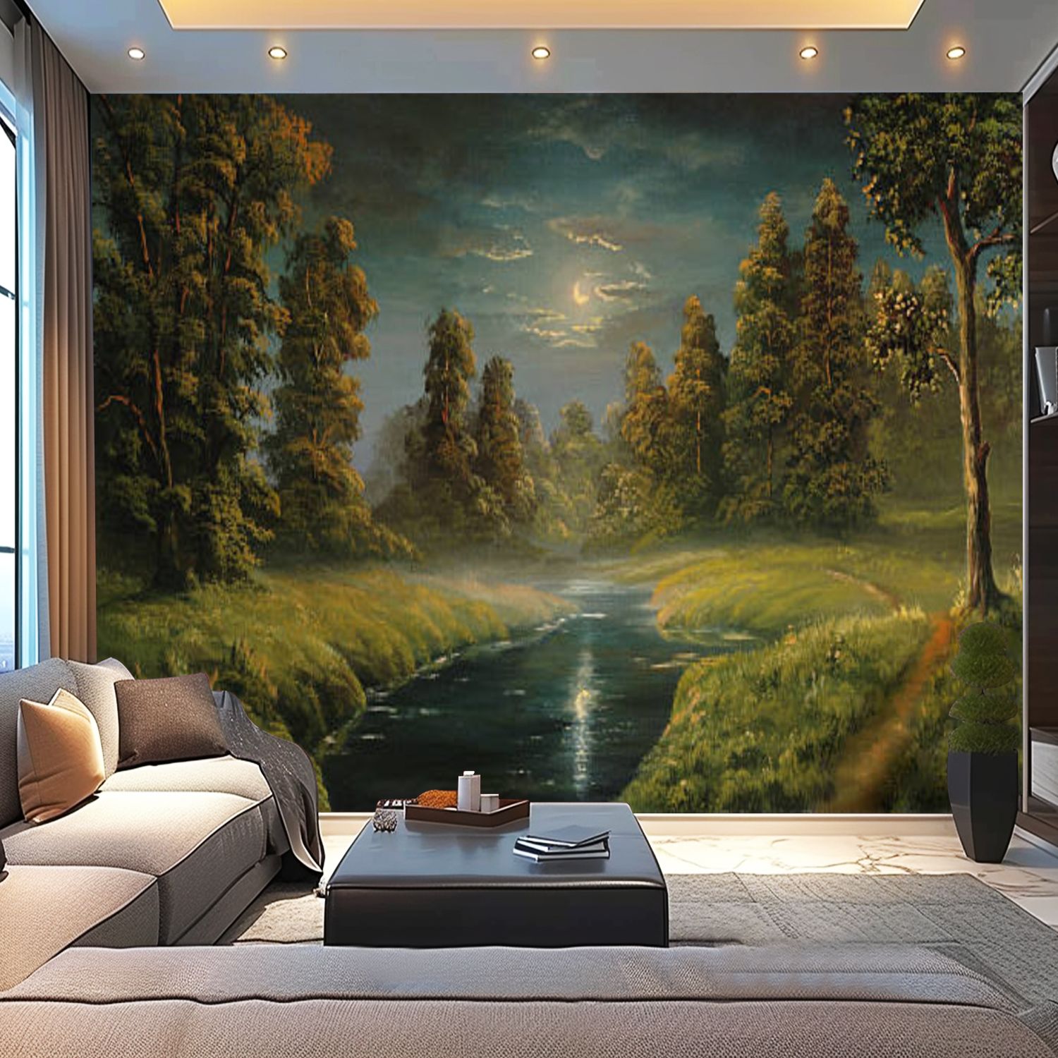 Peel and Stick Wallpaper Canvas Painting stream grass night Modern Art ...