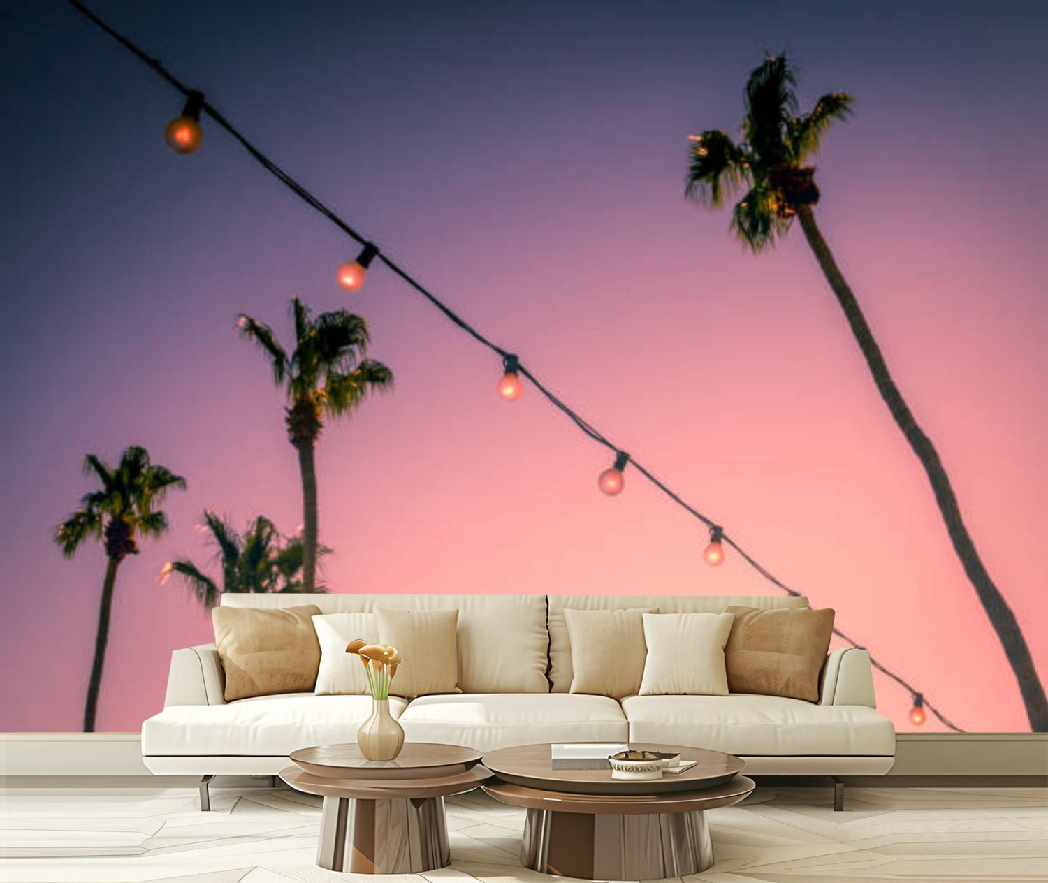 Peel and Stick Wallpaper Canvas Palm Trees String Party Lights Palm ...