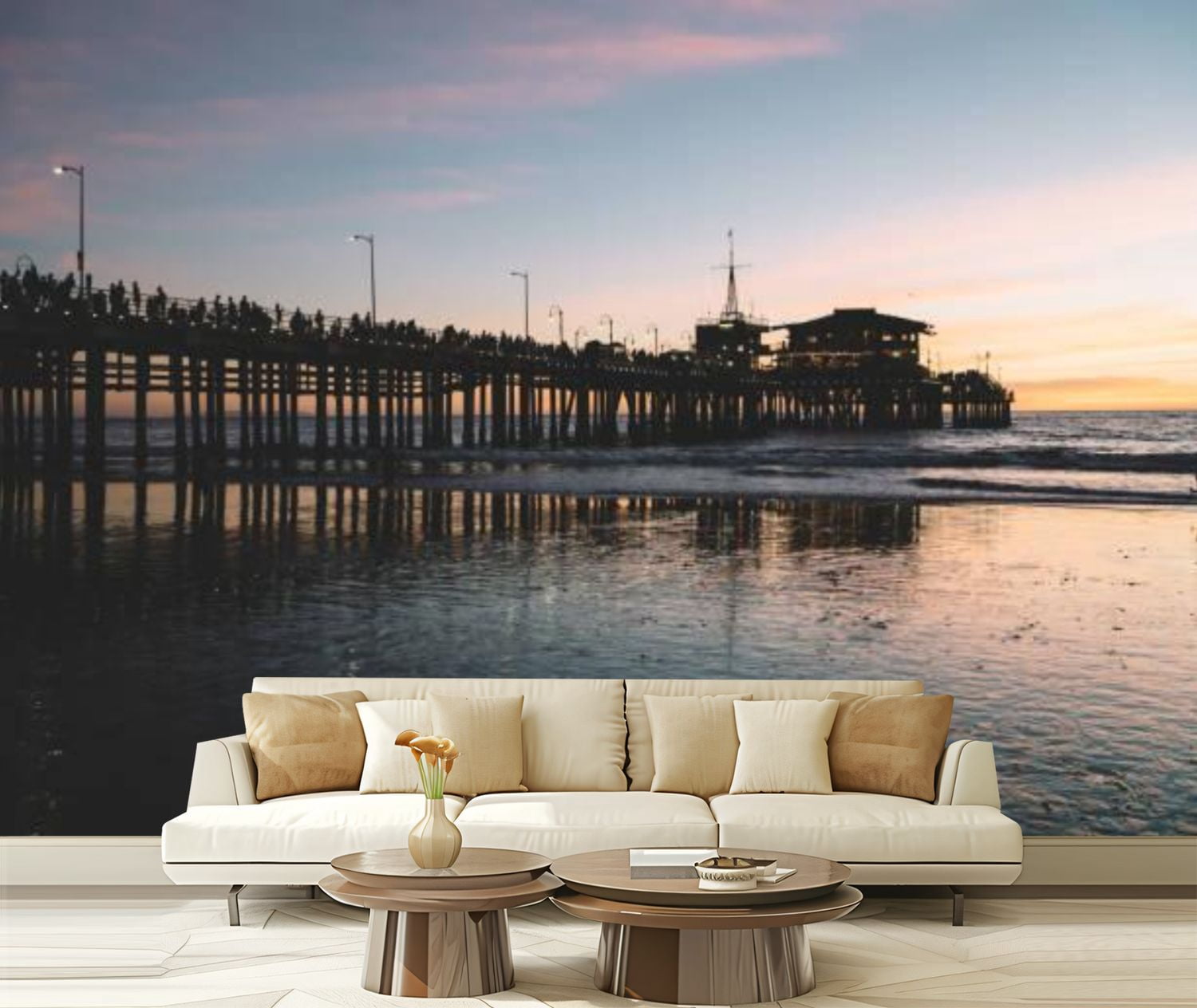 Peel and Stick Wallpaper Canvas Santa Monica Pier sunset calm day ...