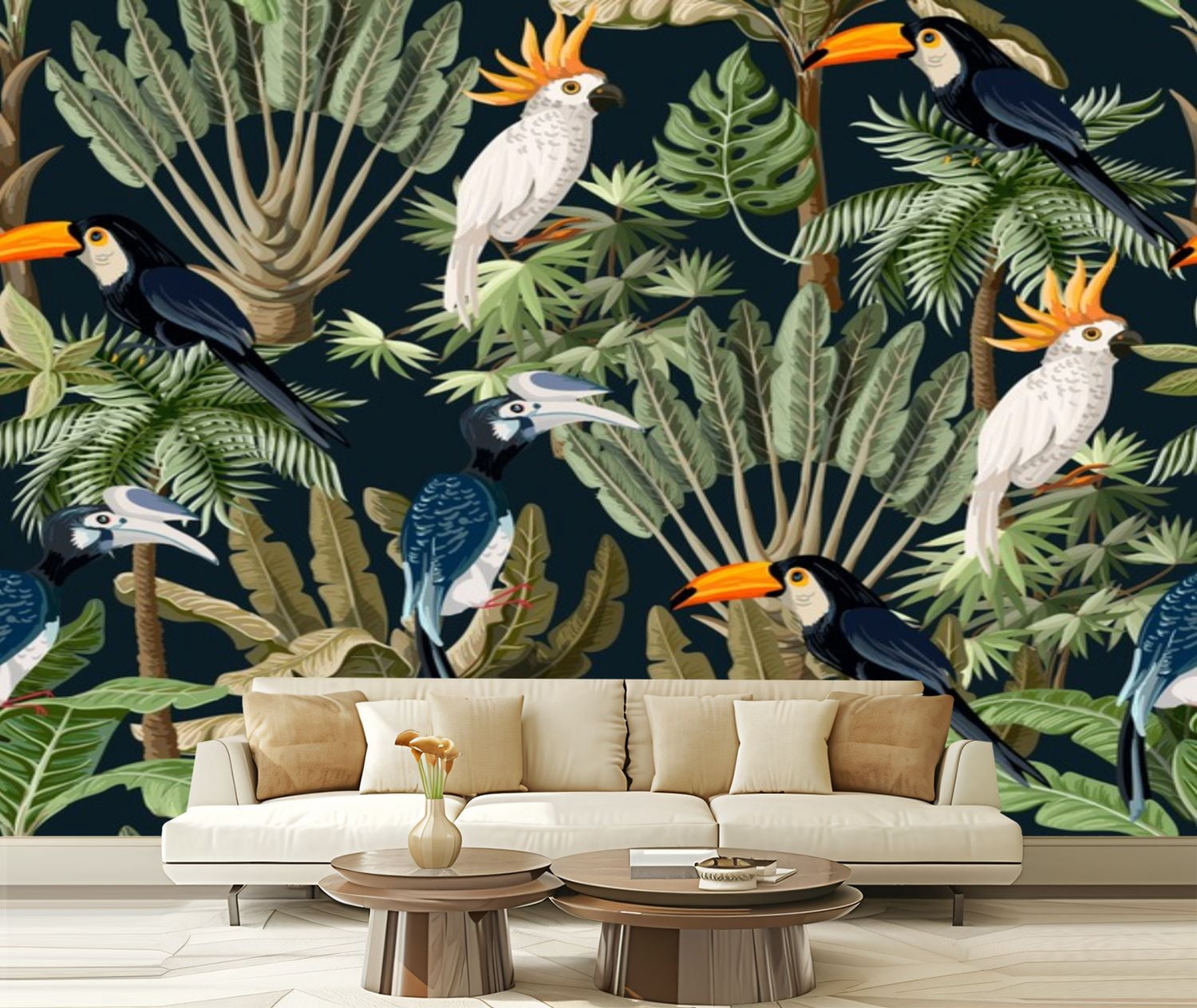 Peel and Stick Wallpaper Canvas Seamless exotic trees wild bird parrots ...