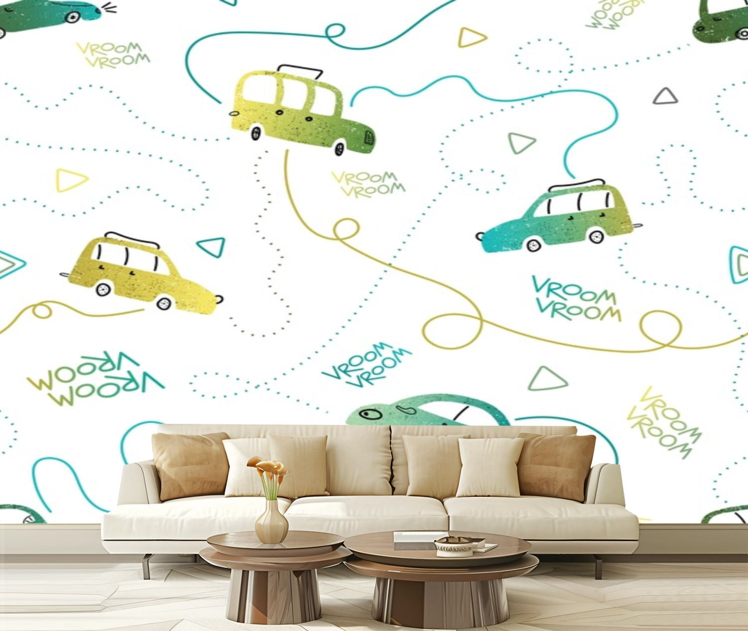 Peel and Stick Wallpaper Canvas Seamless small yellow blue cars white ...