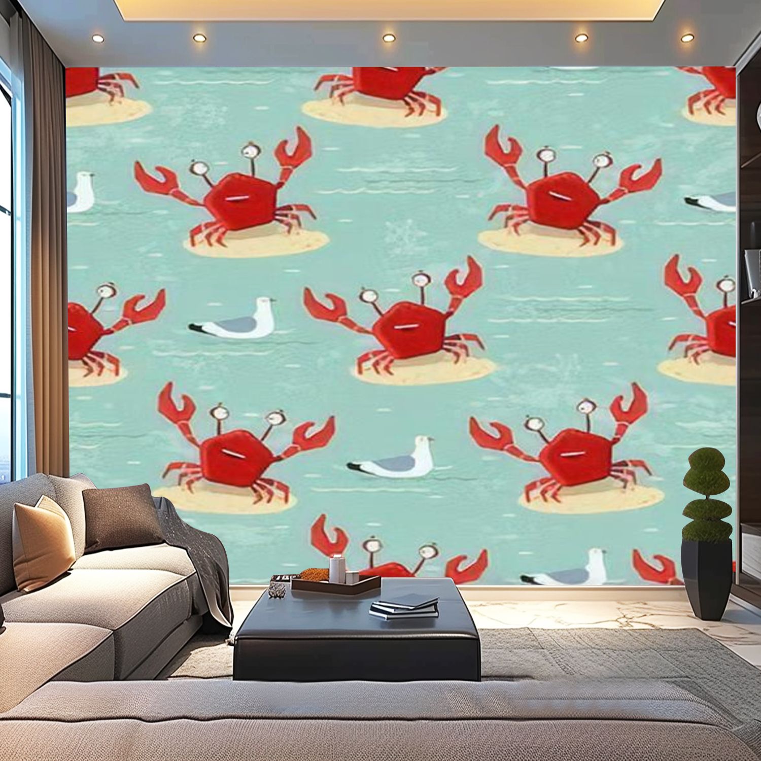 Peel and Stick Wallpaper Canvas Seamless summer red crab starfish ...