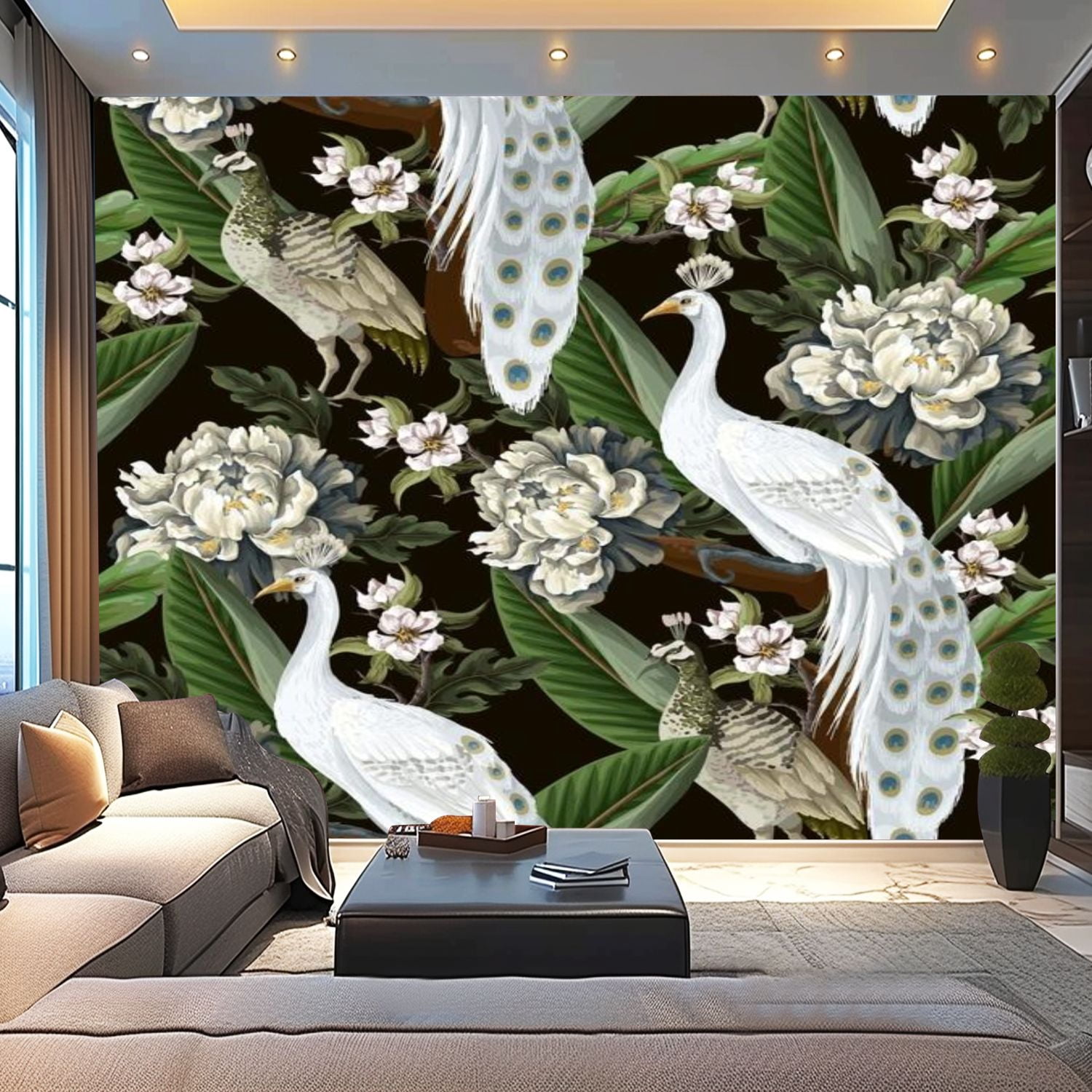 Peel and Stick Wallpaper Canvas Seamless white peacocks peonies Modern ...