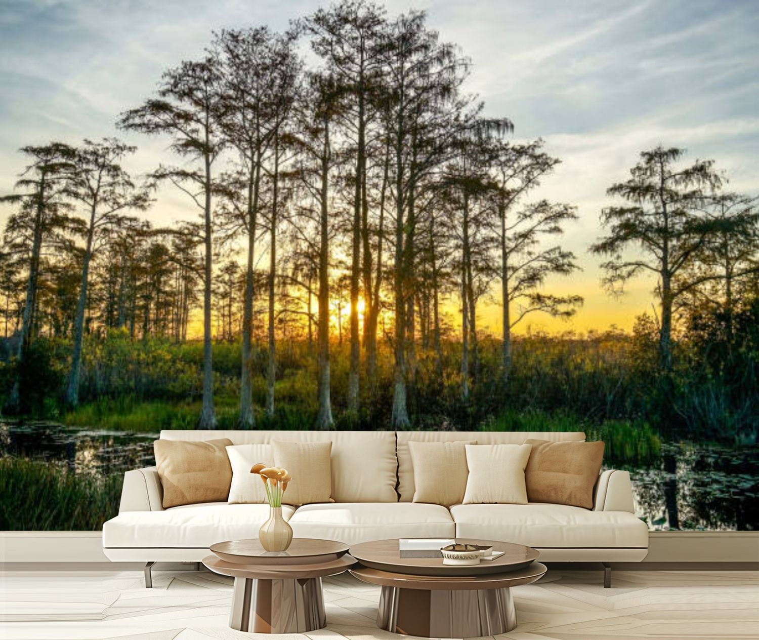 Peel and Stick Wallpaper Canvas Sun cypress swamp dawn Modern Art Wall ...
