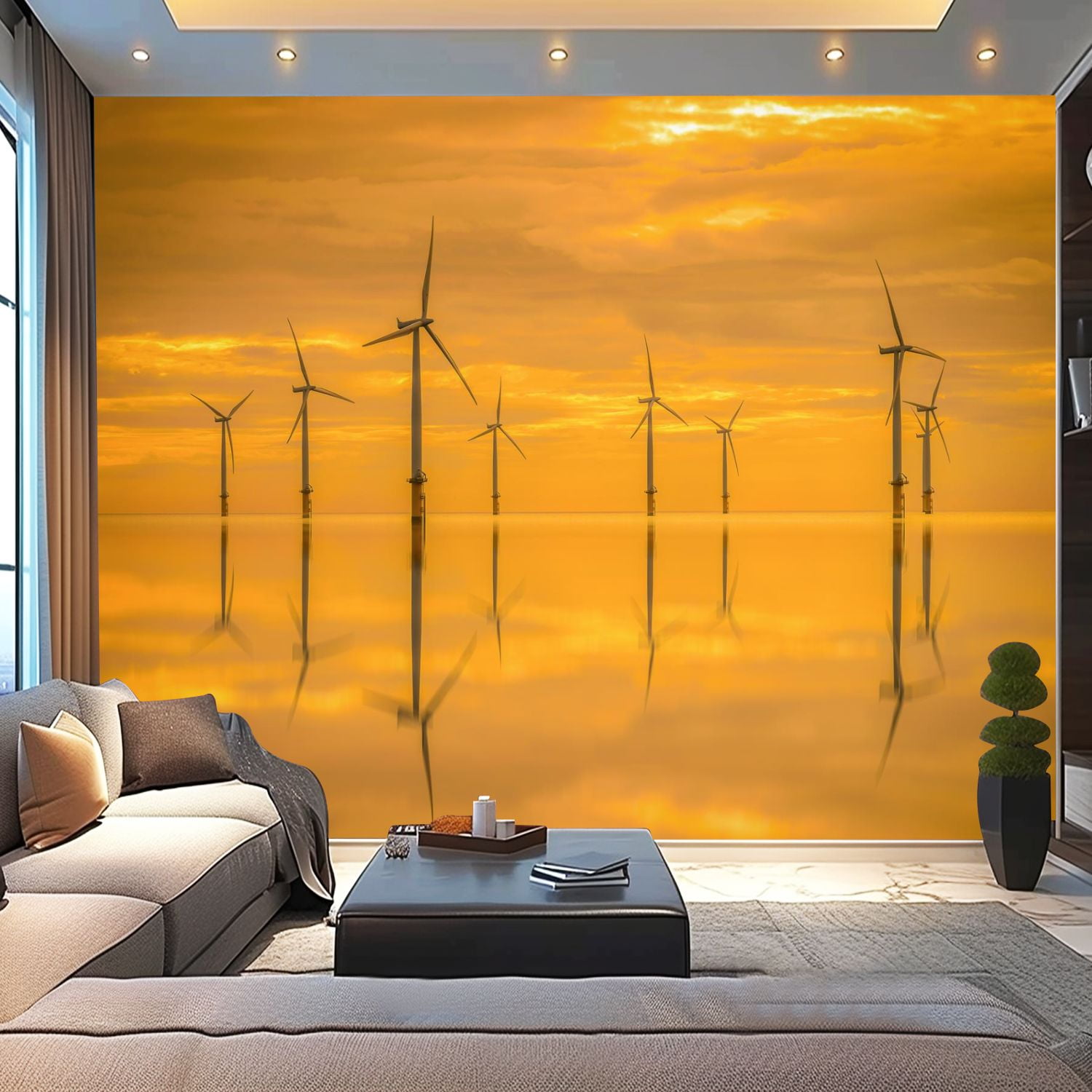 Peel and Stick Wallpaper Canvas Sunset Offshore Wind Turbine Wind farm ...