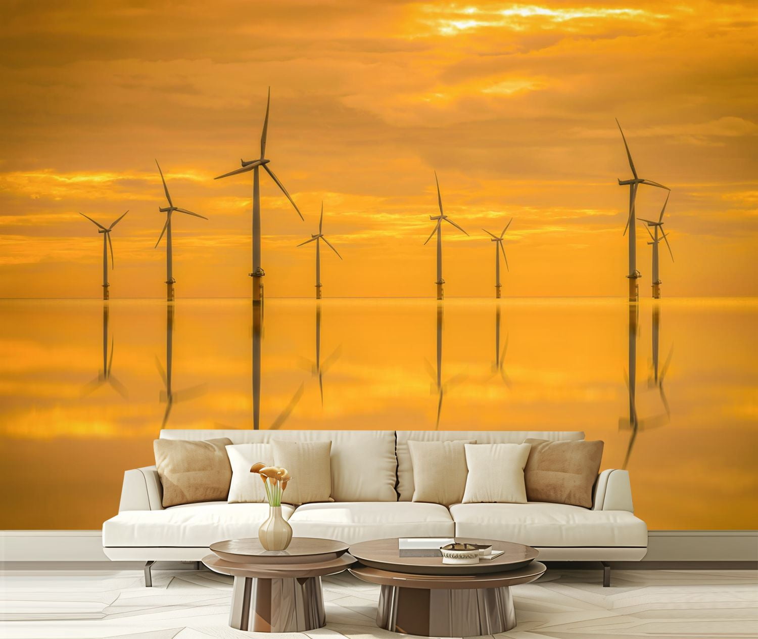 Peel and Stick Wallpaper Canvas Sunset Offshore Wind Turbine Wind farm ...
