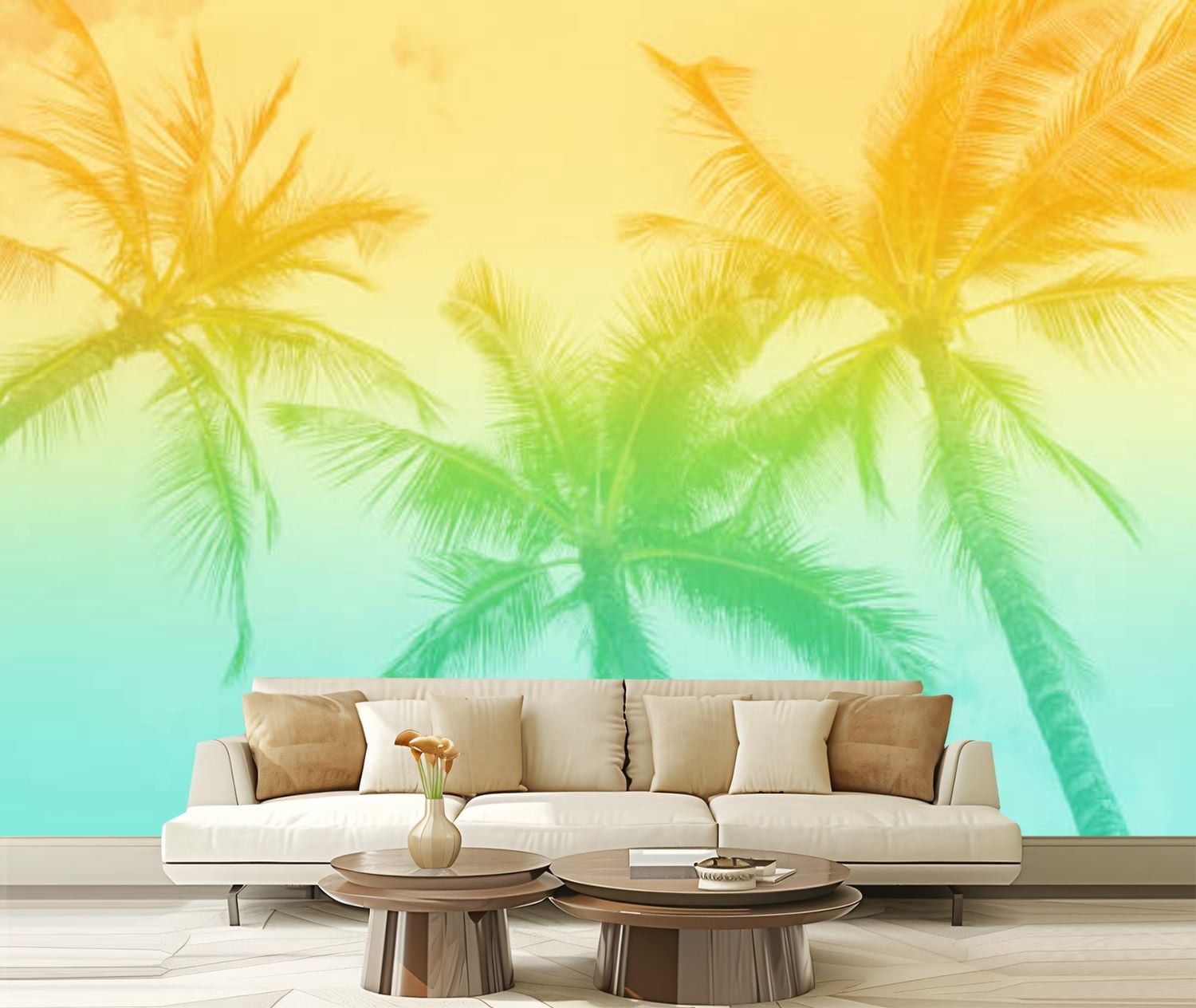 Peel and Stick Wallpaper Canvas Tropical Palm Trees vintage retro tones ...