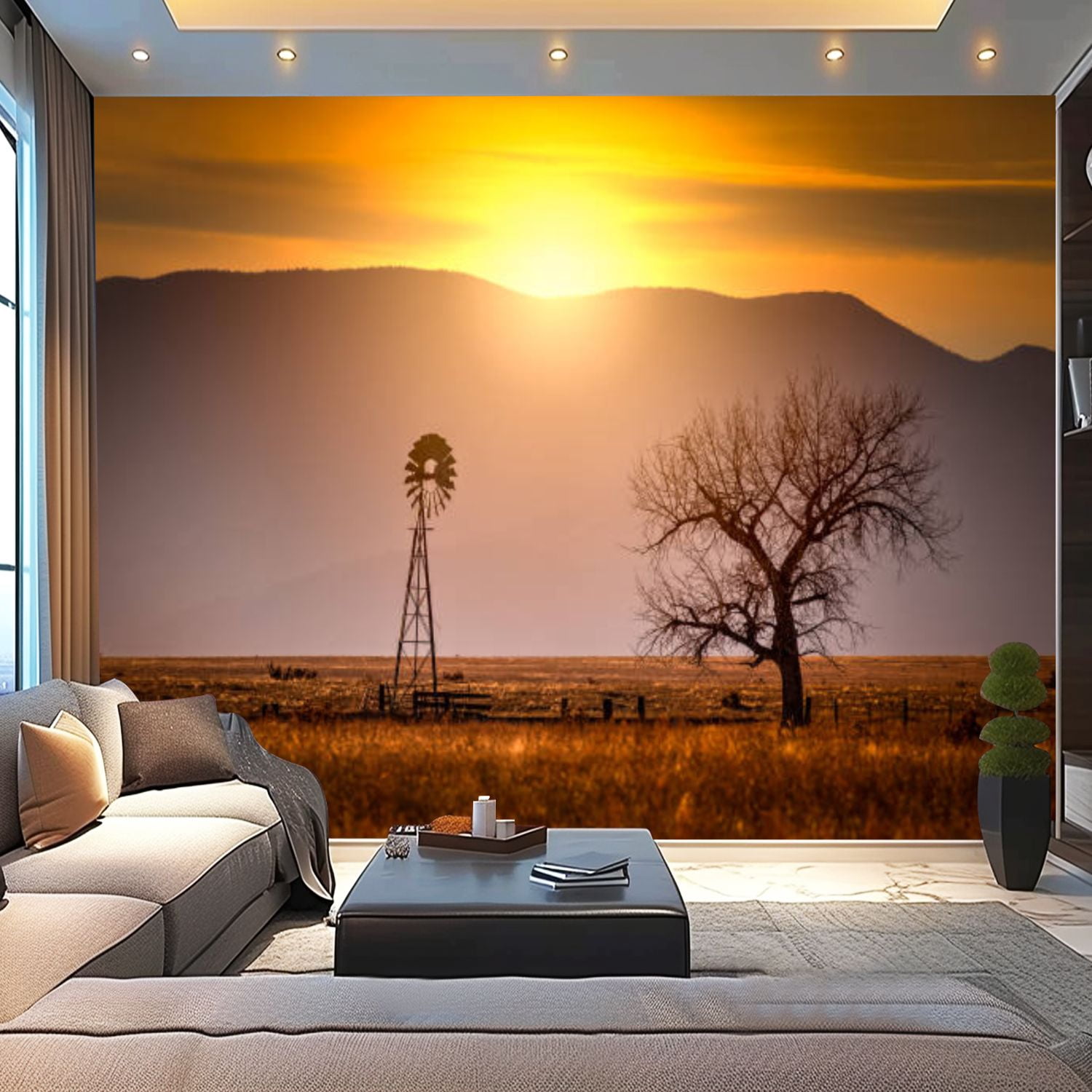 Peel and Stick Wallpaper Canvas Windmill Sunset Farm Modern Art Wall ...