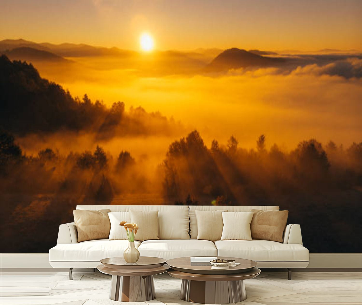 Peel and Stick Wallpaper Canvas beautiful sunrise foggy mountains ...