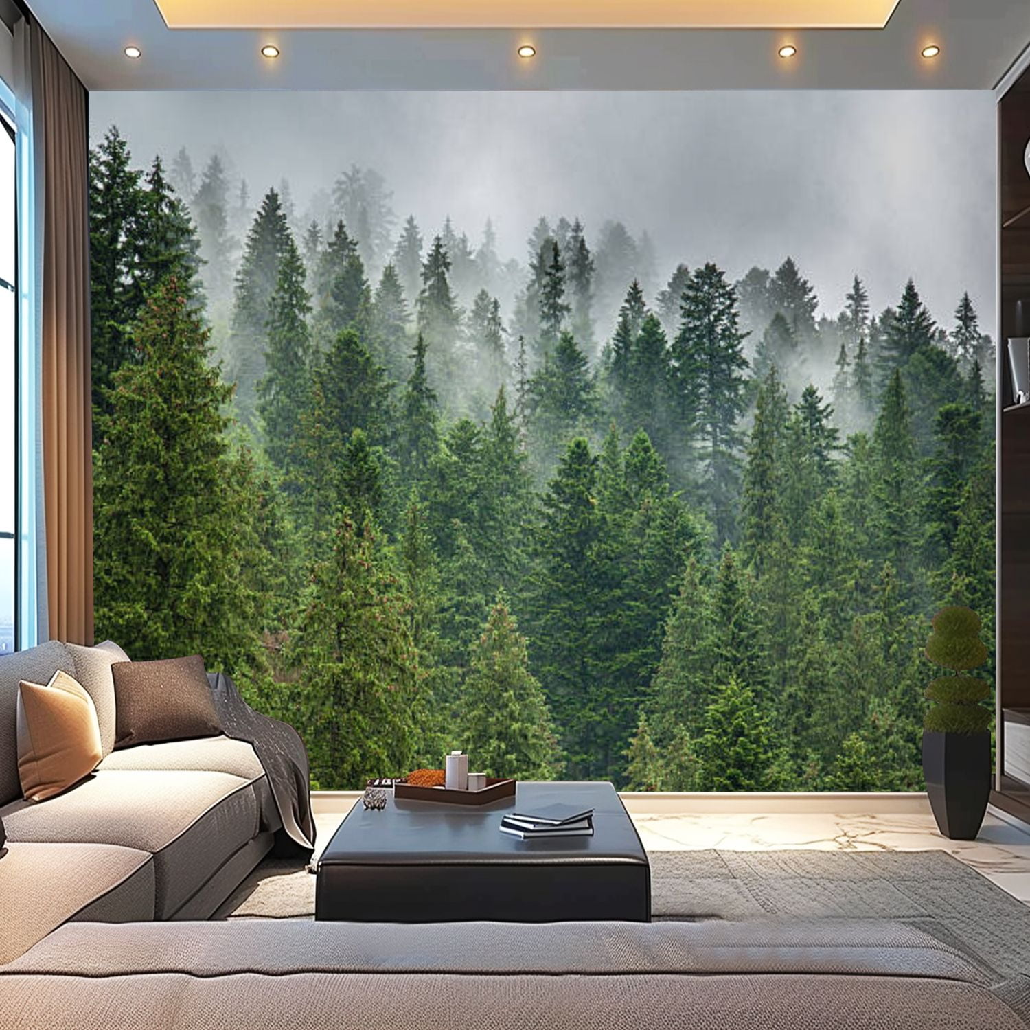 Peel and Stick Wallpaper Canvas fog rain clouds pine forest Modern Art ...