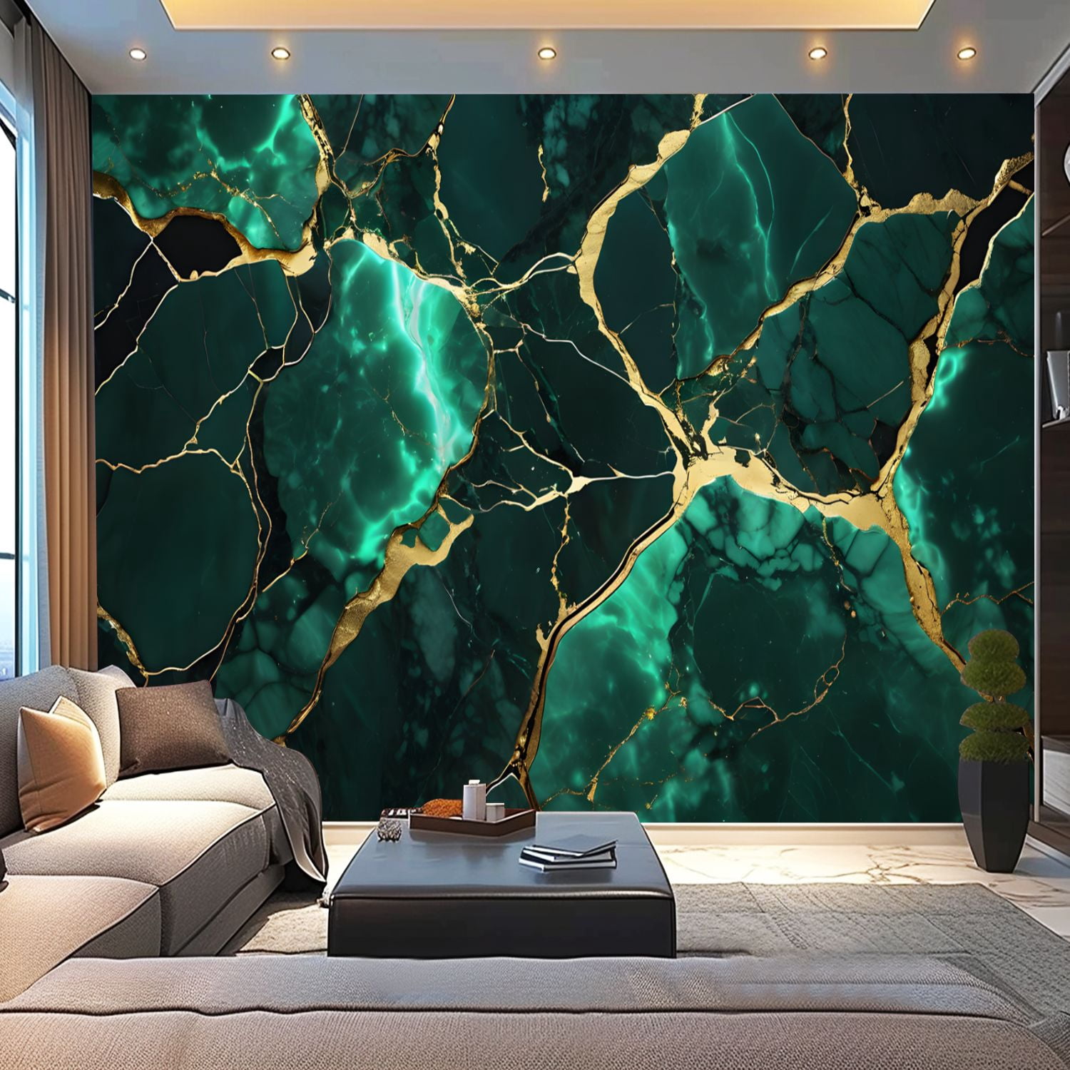 Peel and Stick Wallpaper Canvas green emerald shine bright gold marble ...