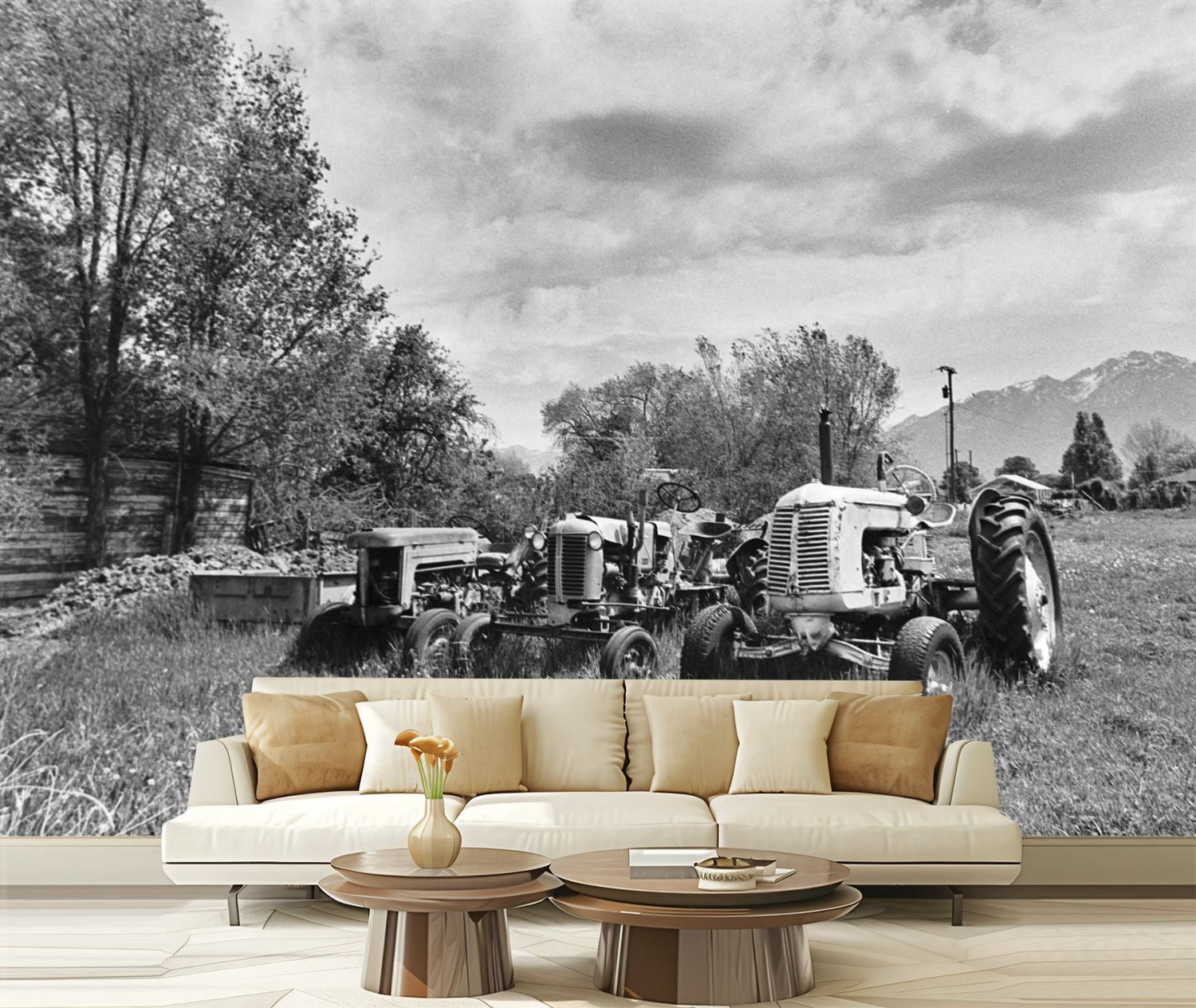 Peel and Stick Wallpaper Canvas old tractors white film scan white farm ...