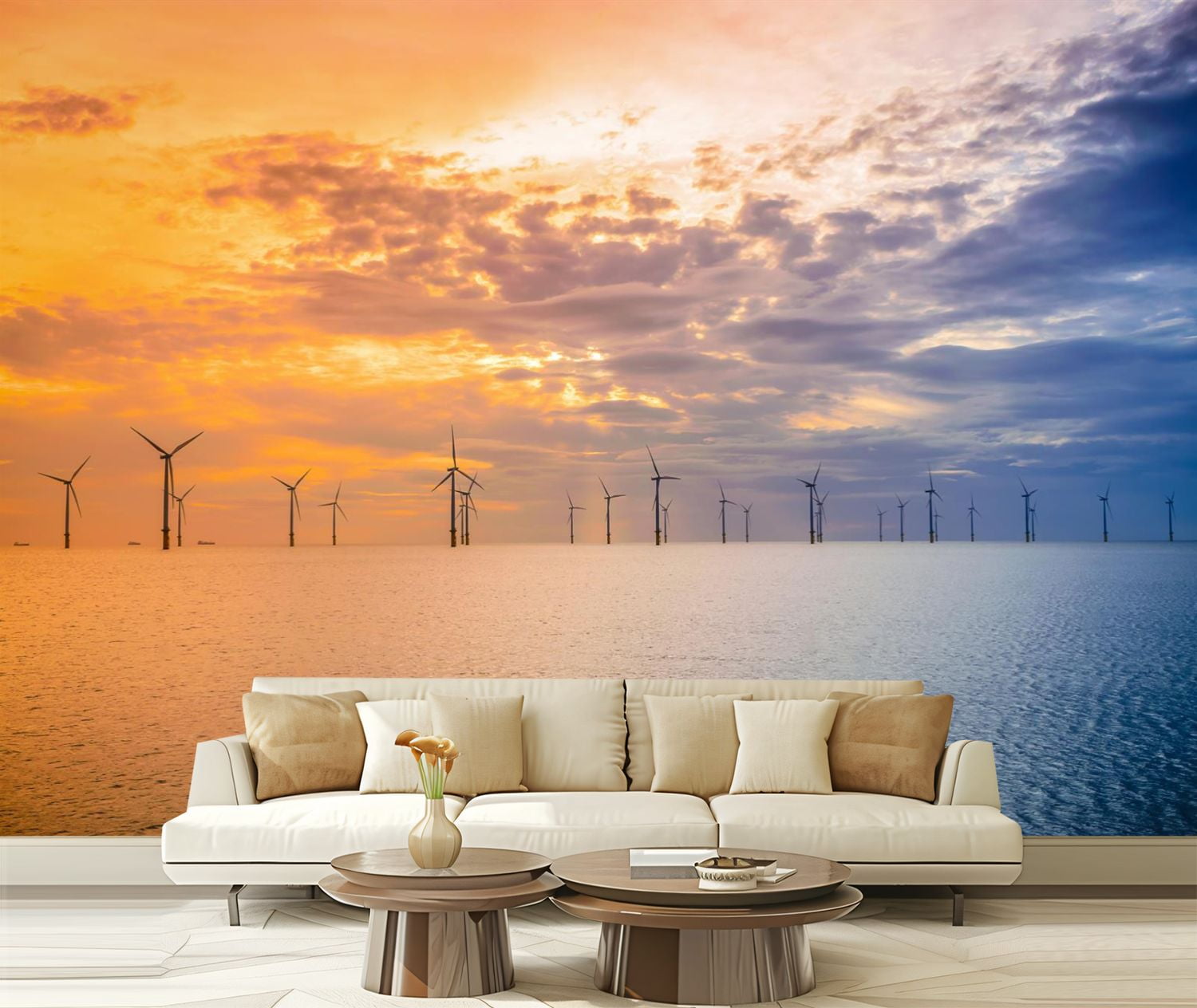 Peel and Stick Wallpaper Canvas sunset offshore wind turbine wind farm ...