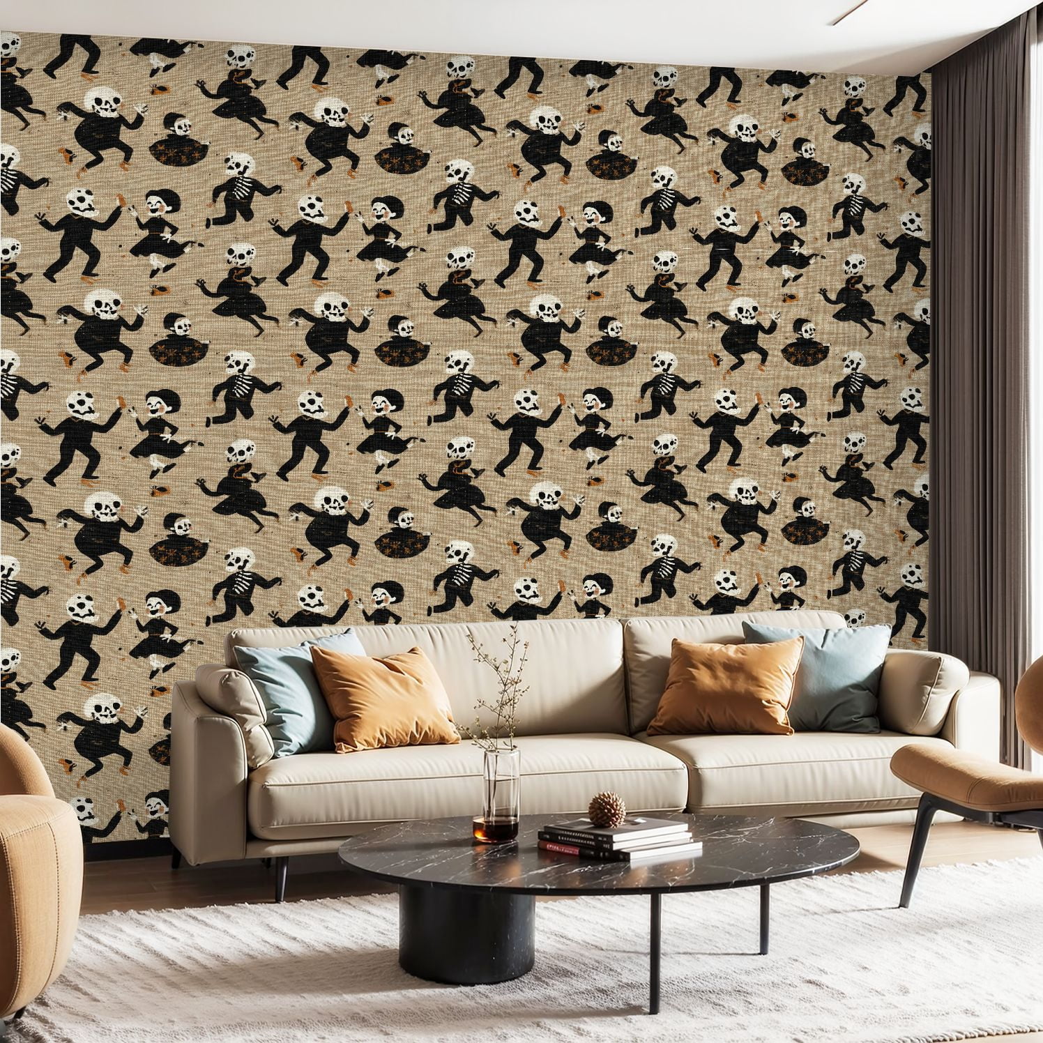 Peel and Stick Wallpaper Contact Paper Beige Fun Skull Gothic Halloween ...