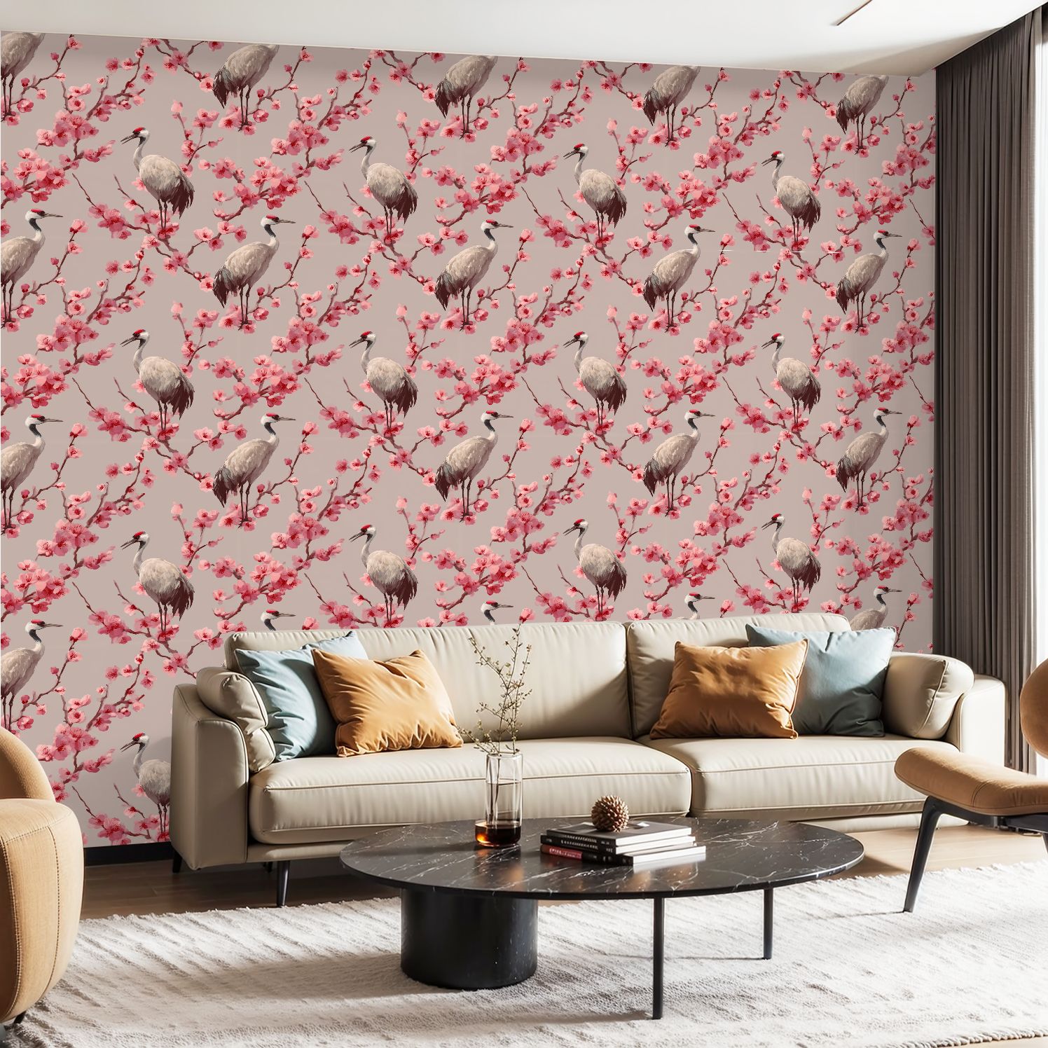 Peel and Stick Wallpaper Contact Paper Blossom Crane Natural Pink ...
