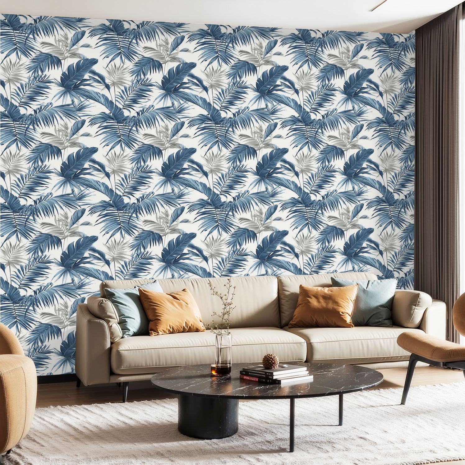 Peel and Stick Wallpaper Contact Paper Blue Tropical Palm Leaves Gray ...