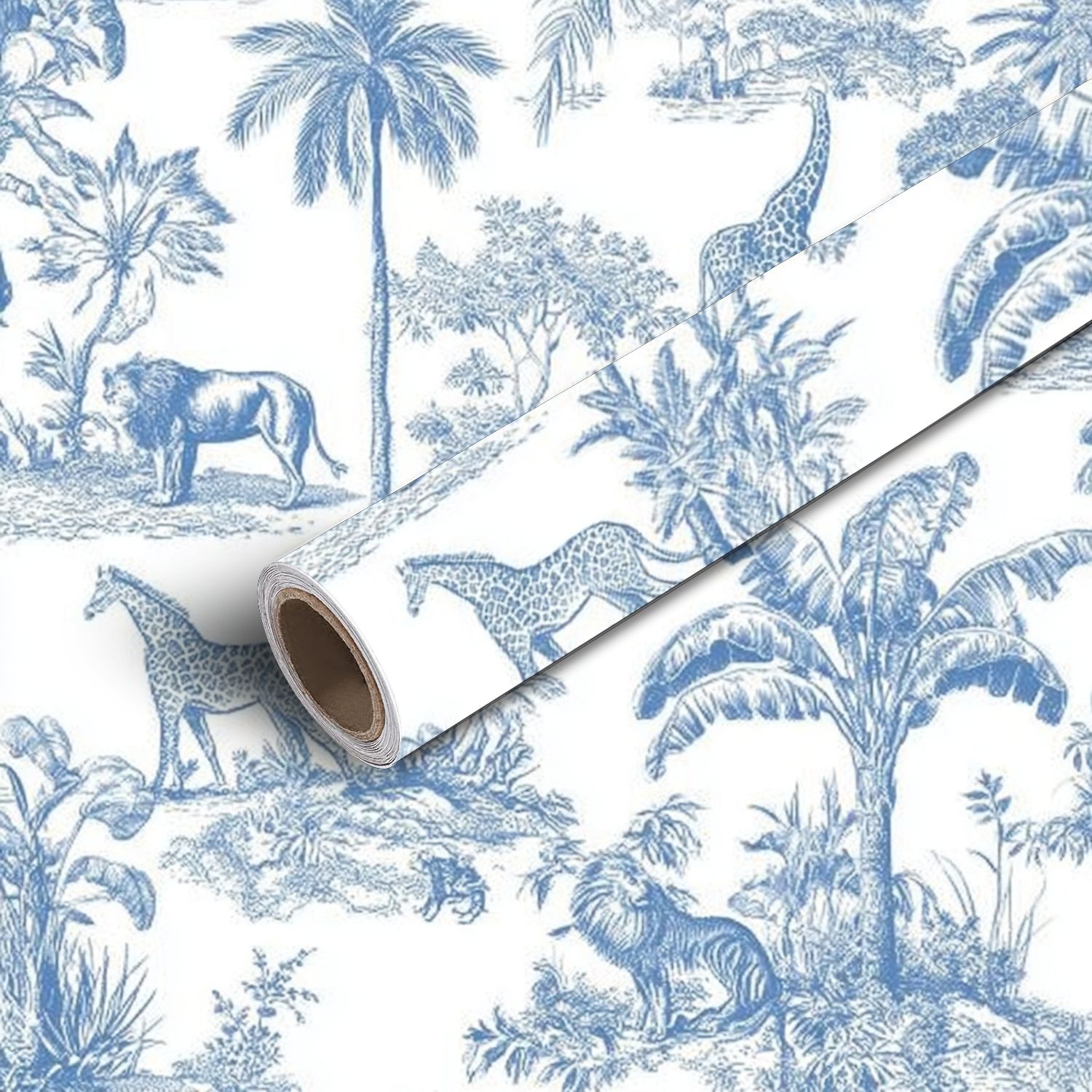 Peel and Stick Wallpaper Contact Paper Blue toile jungle Tropical palm ...