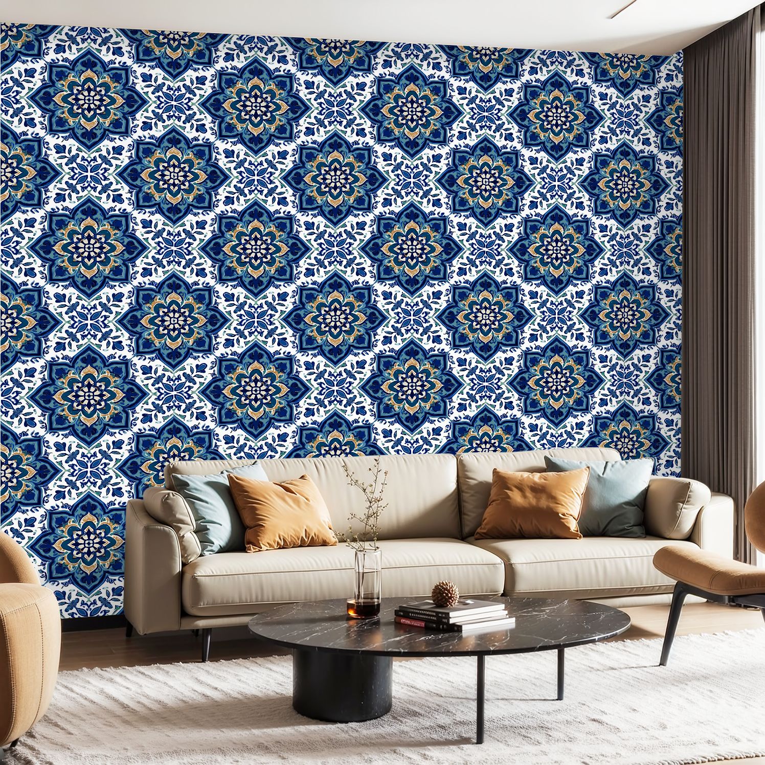 Peel and Stick Wallpaper Contact Paper Blue white luxury Ornament ...