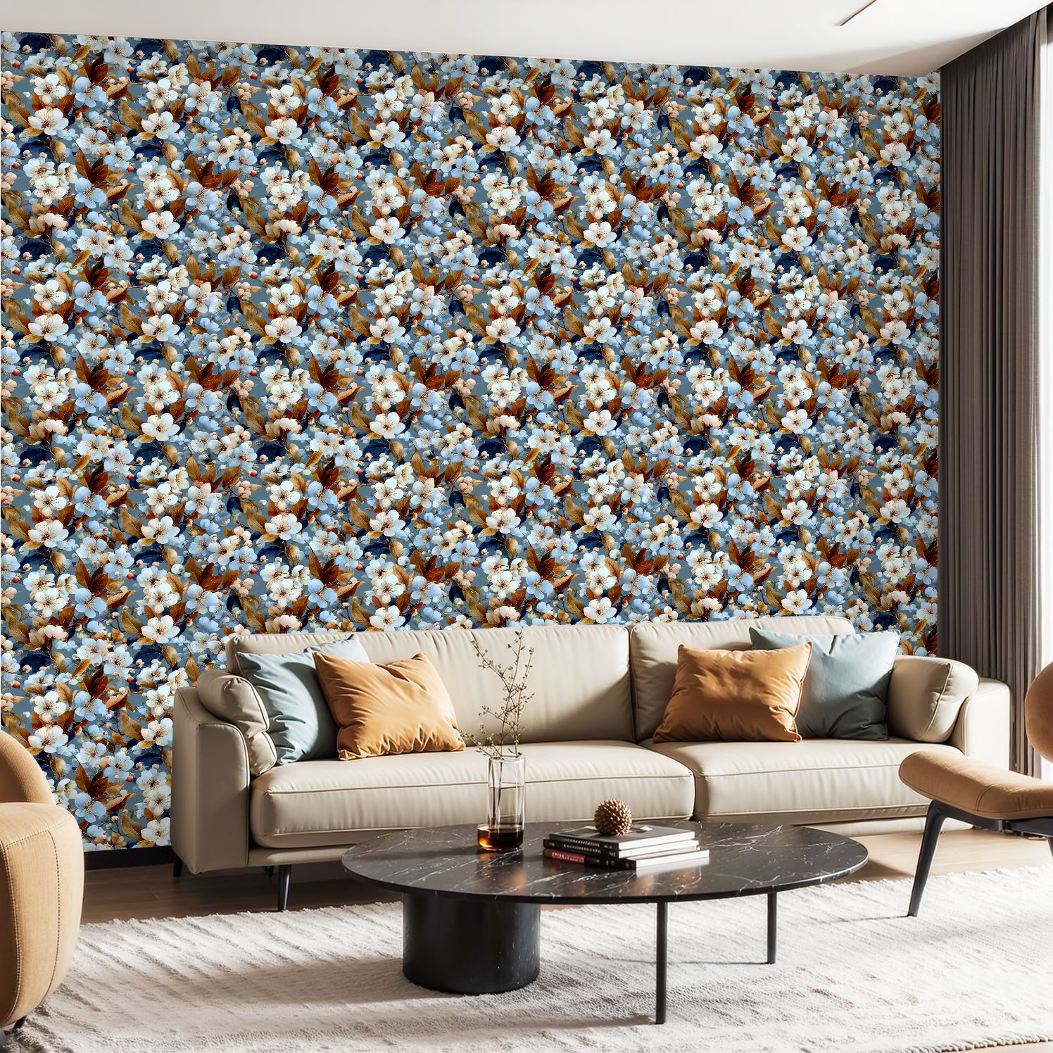Peel and Stick Wallpaper Contact Paper Floral Boho Vintage Blue Gold ...
