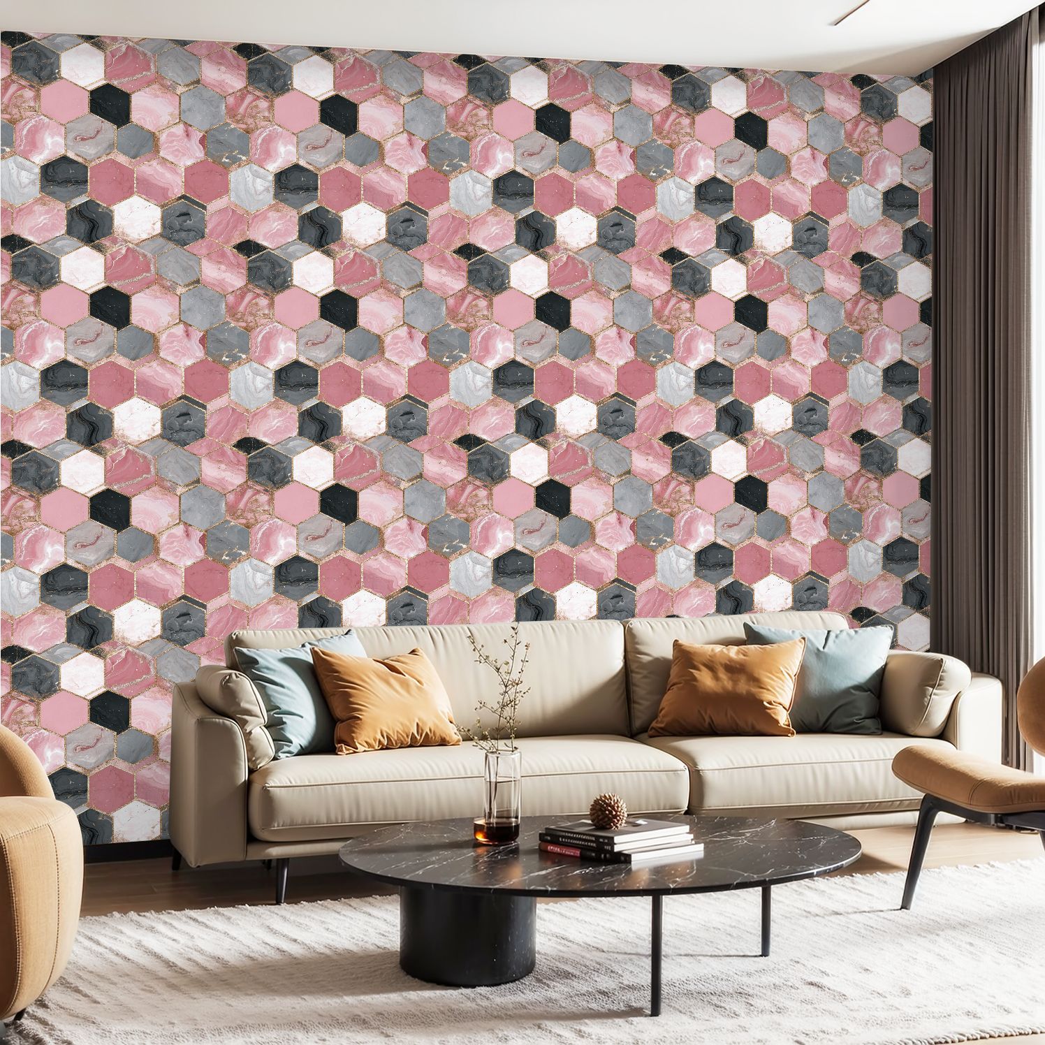Peel and Stick Wallpaper Contact Paper Marbled Hex Charcoal Rose Gold ...