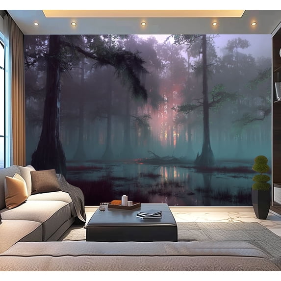 Peel and Stick Wallpaper Dark mystical forest swamp foggy dawn dusk ...