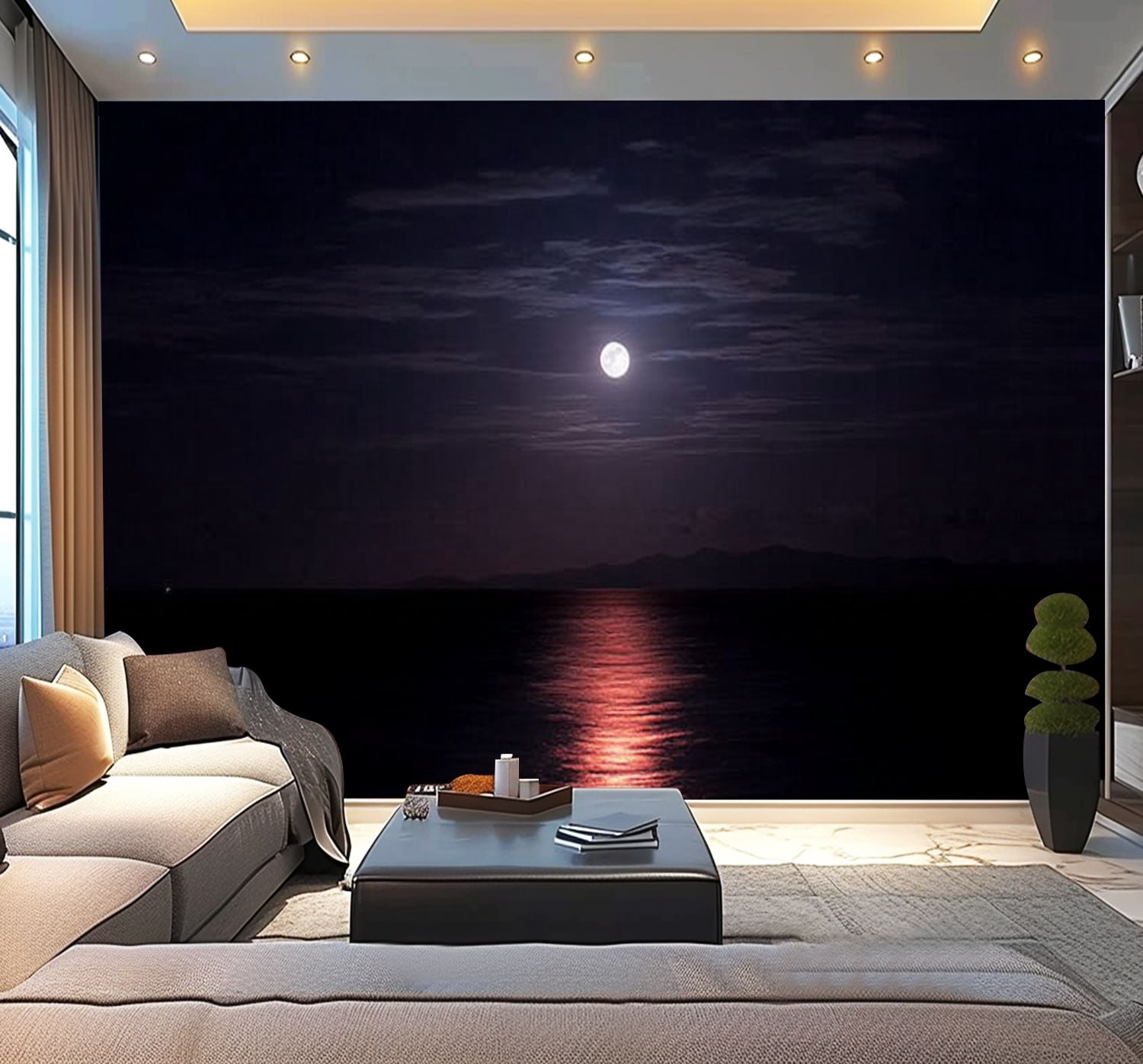 Peel and Stick Wallpaper Full moon clouds sky sea Modern Art Wall Mural ...