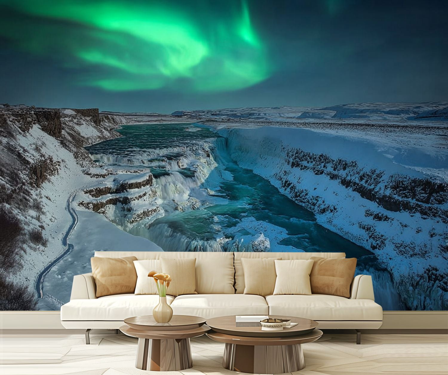Peel and Stick Wallpaper Gullfoss Falls Northern Lights Iceland Modern ...