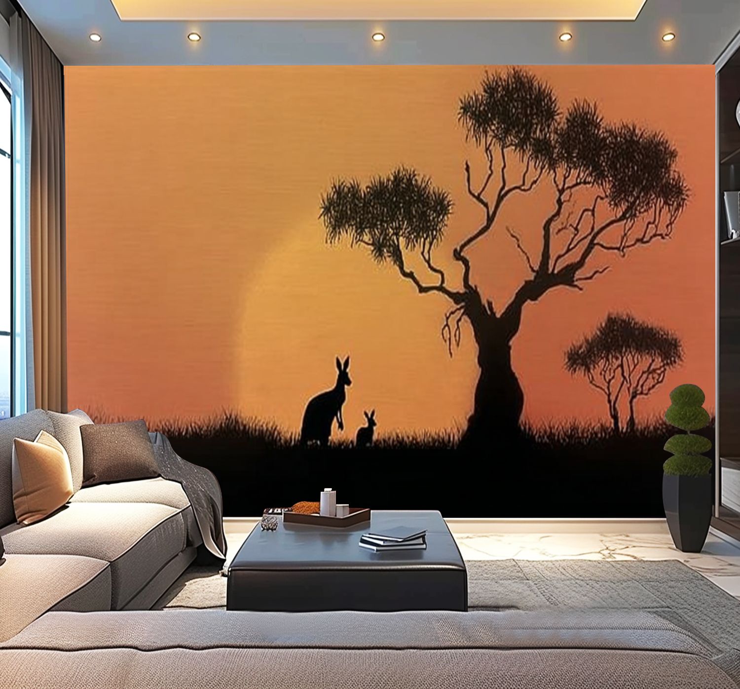 Peel and Stick Wallpaper Kangaroos cubs Australian plains Acacia trees ...