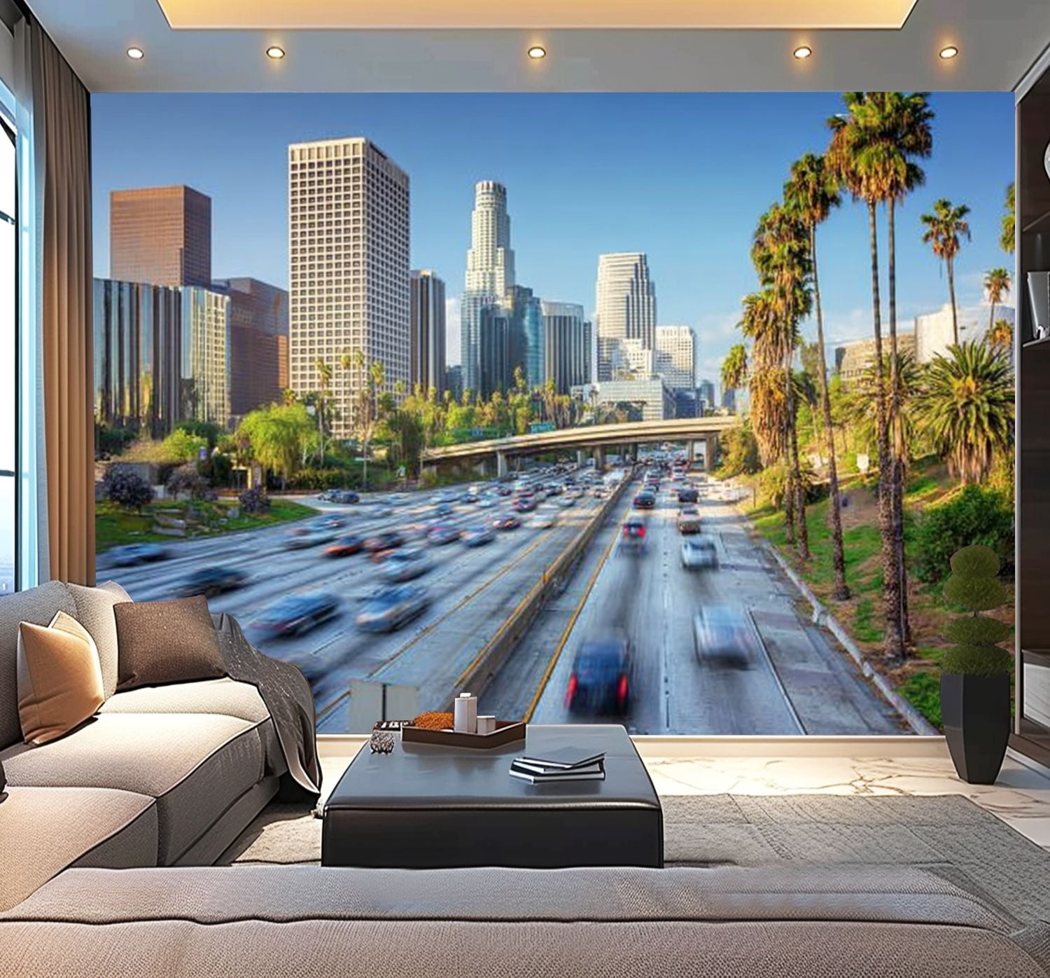 Peel and Stick Wallpaper Los Angeles City Freeway Traffic Sunset Modern ...