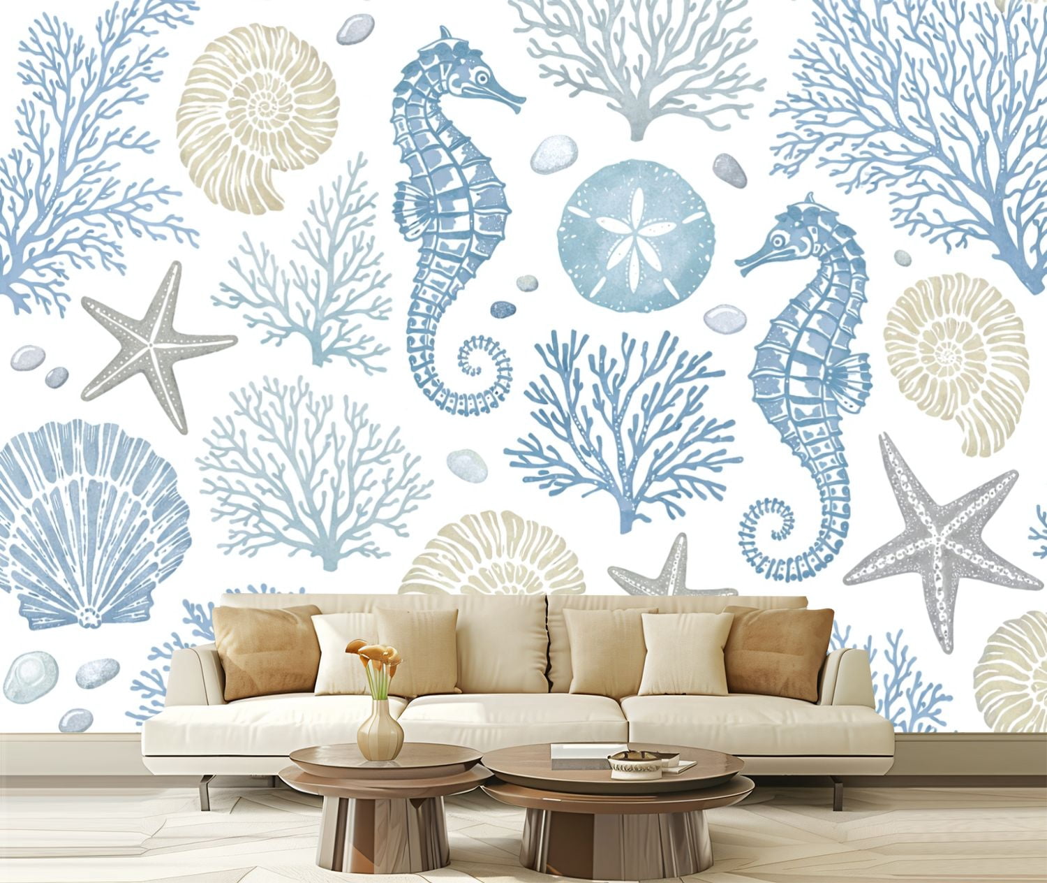 Peel and Stick Wallpaper Marine hand drawn sea shells Modern Art Wall ...