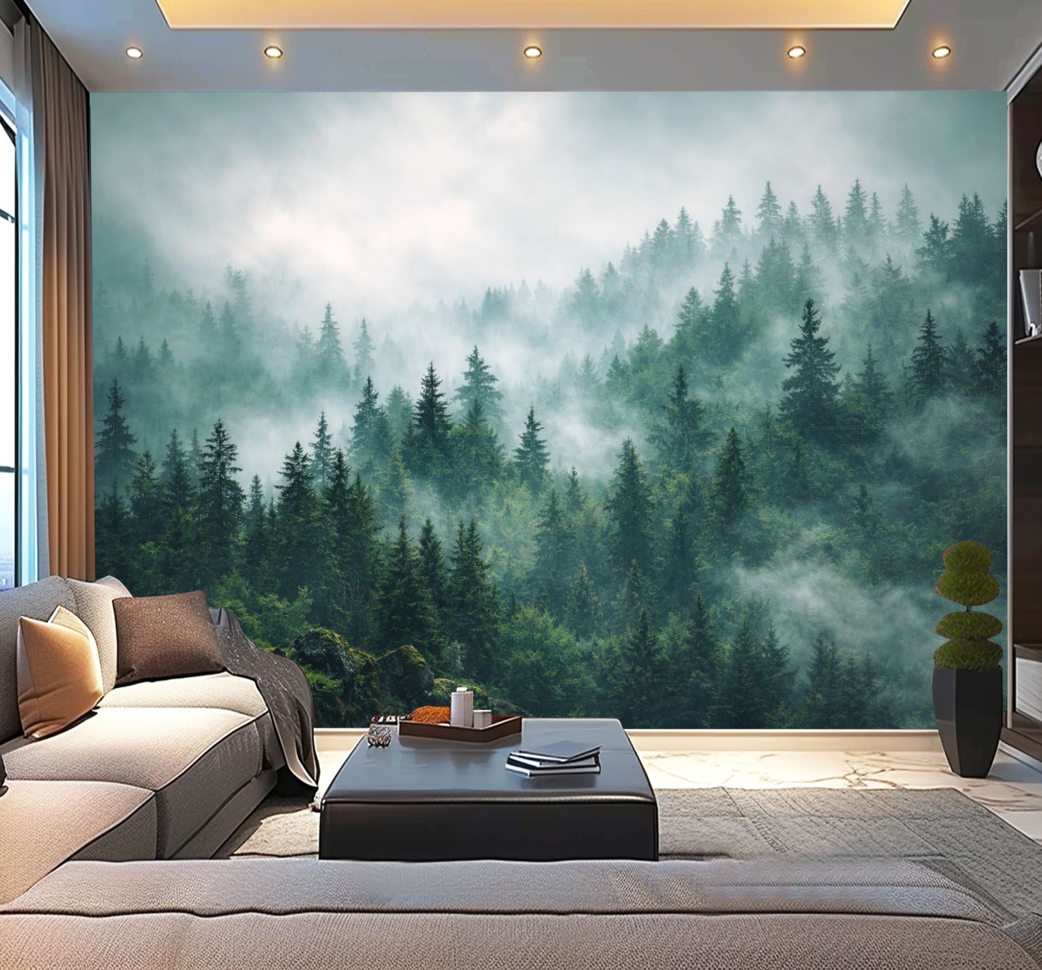 Peel and Stick Wallpaper Misty Forest Tall Evergreen Trees Foggy ...