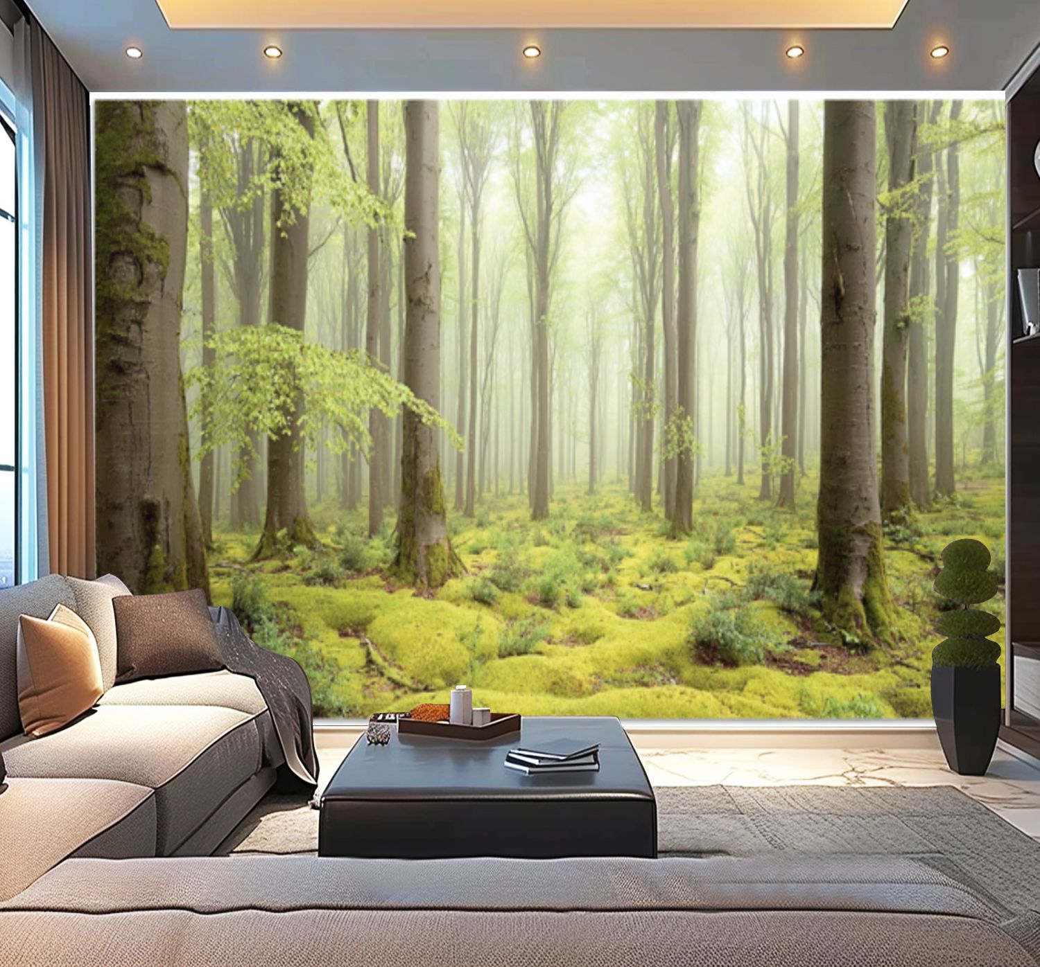 Peel and Stick Wallpaper Misty Green Forest Tall Trees Moss Covered ...