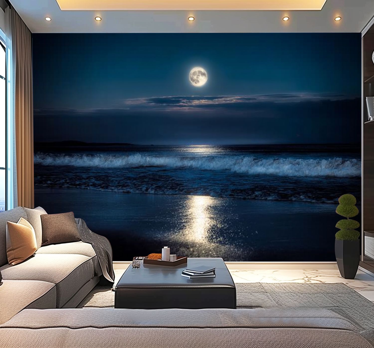 Peel and Stick Wallpaper Moon sea night close up moonlight path style ...