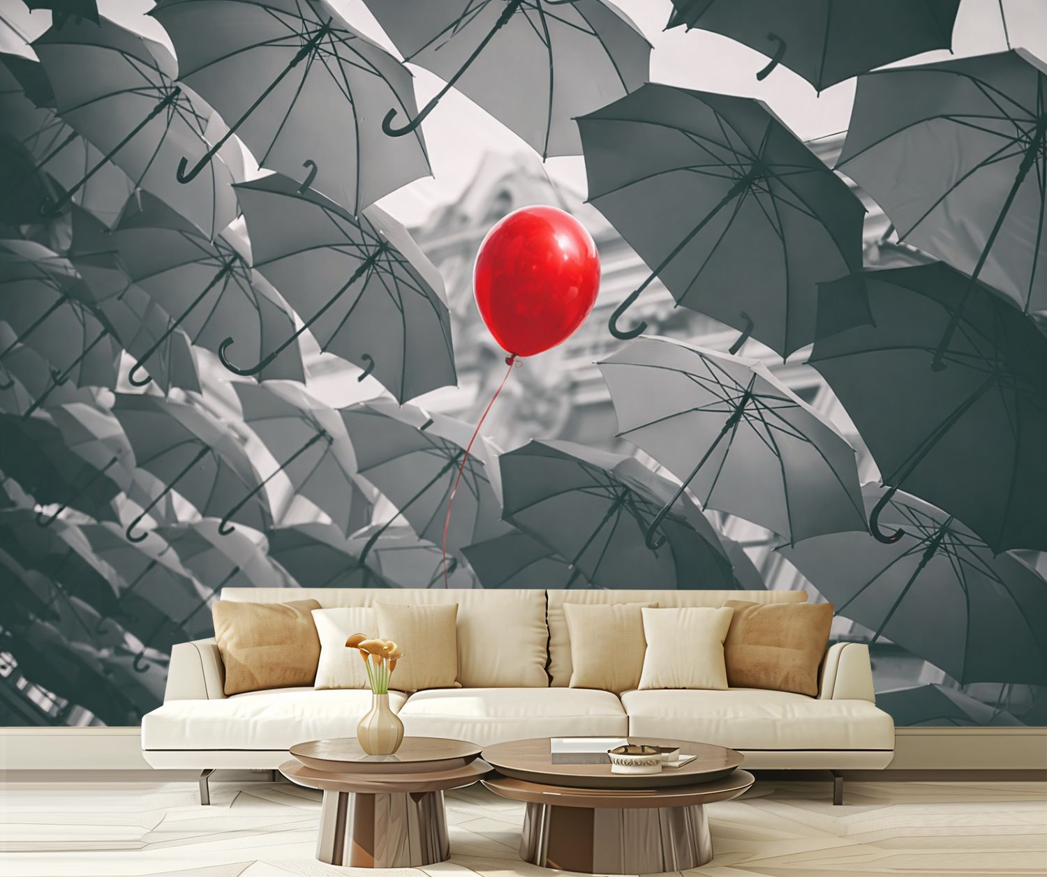 Peel and Stick Wallpaper Red Balloon Floating Among Umbrellas Black ...